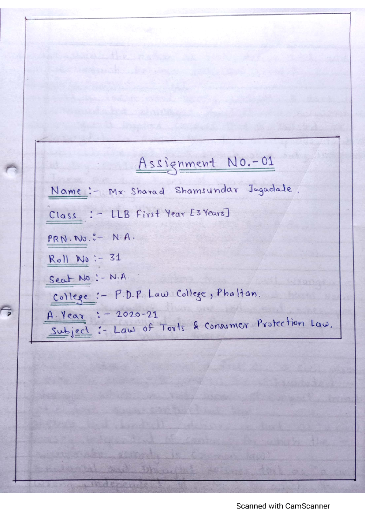 Roll No.-31 Sharad Jagadale Lawof Torts All four assignments - LL.B - Studocu