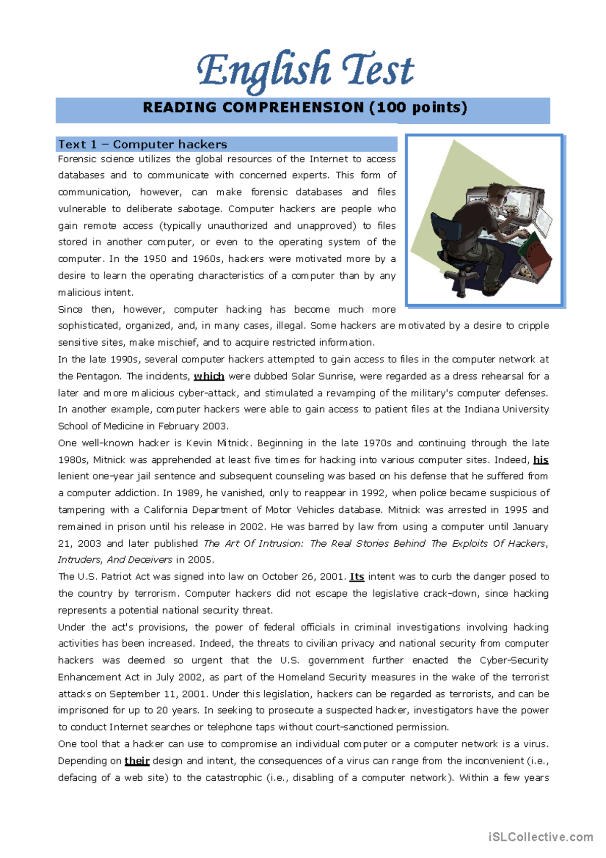 Computer hacking - English Test READING COMPREHENSION (100 points) Text ...