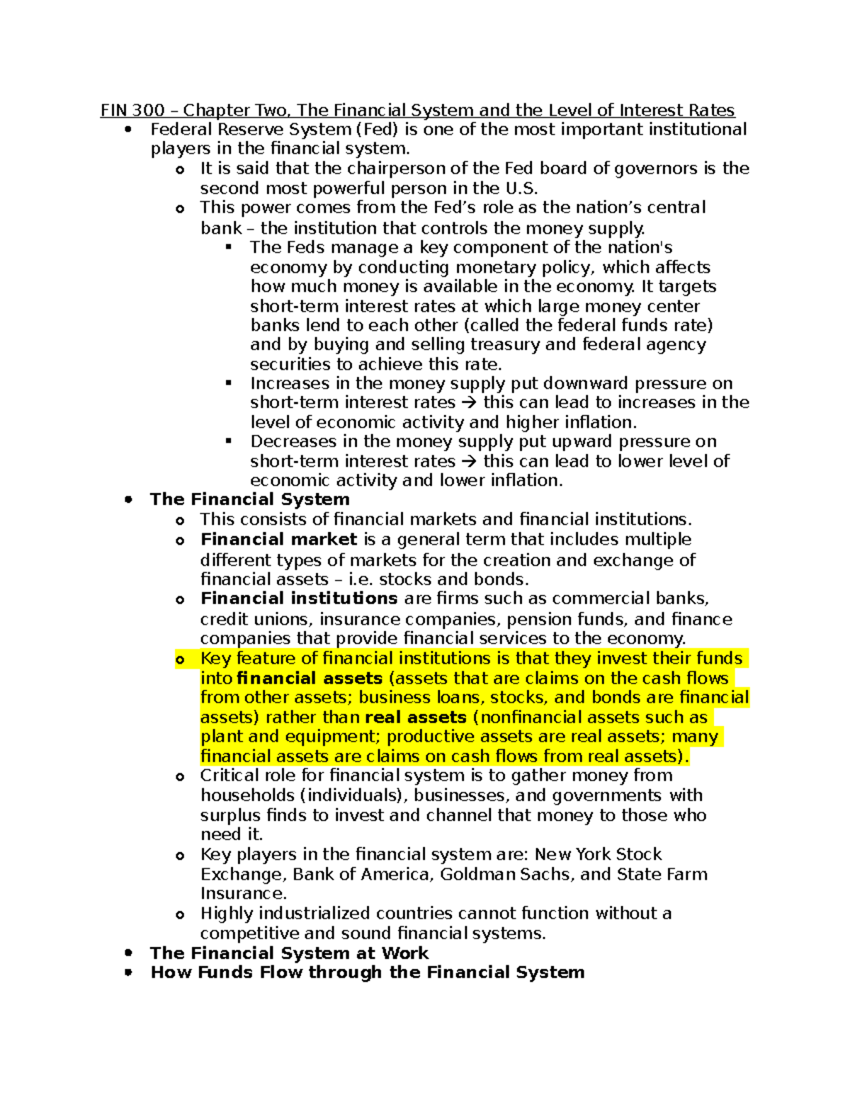 FIN 300 - Reading Notes Ex. 1 - FIN 300 – Chapter Two, The Financial ...