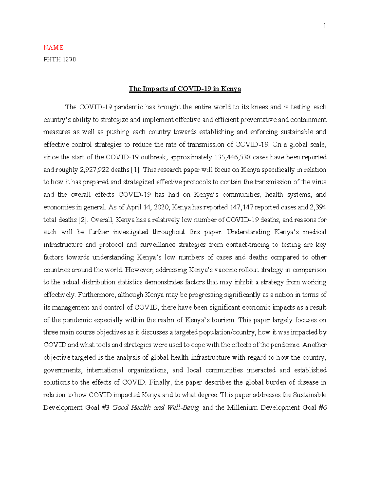 Sample Final Paper - NAME PHTH 1270 The Impacts of COVID-19 in Kenya ...