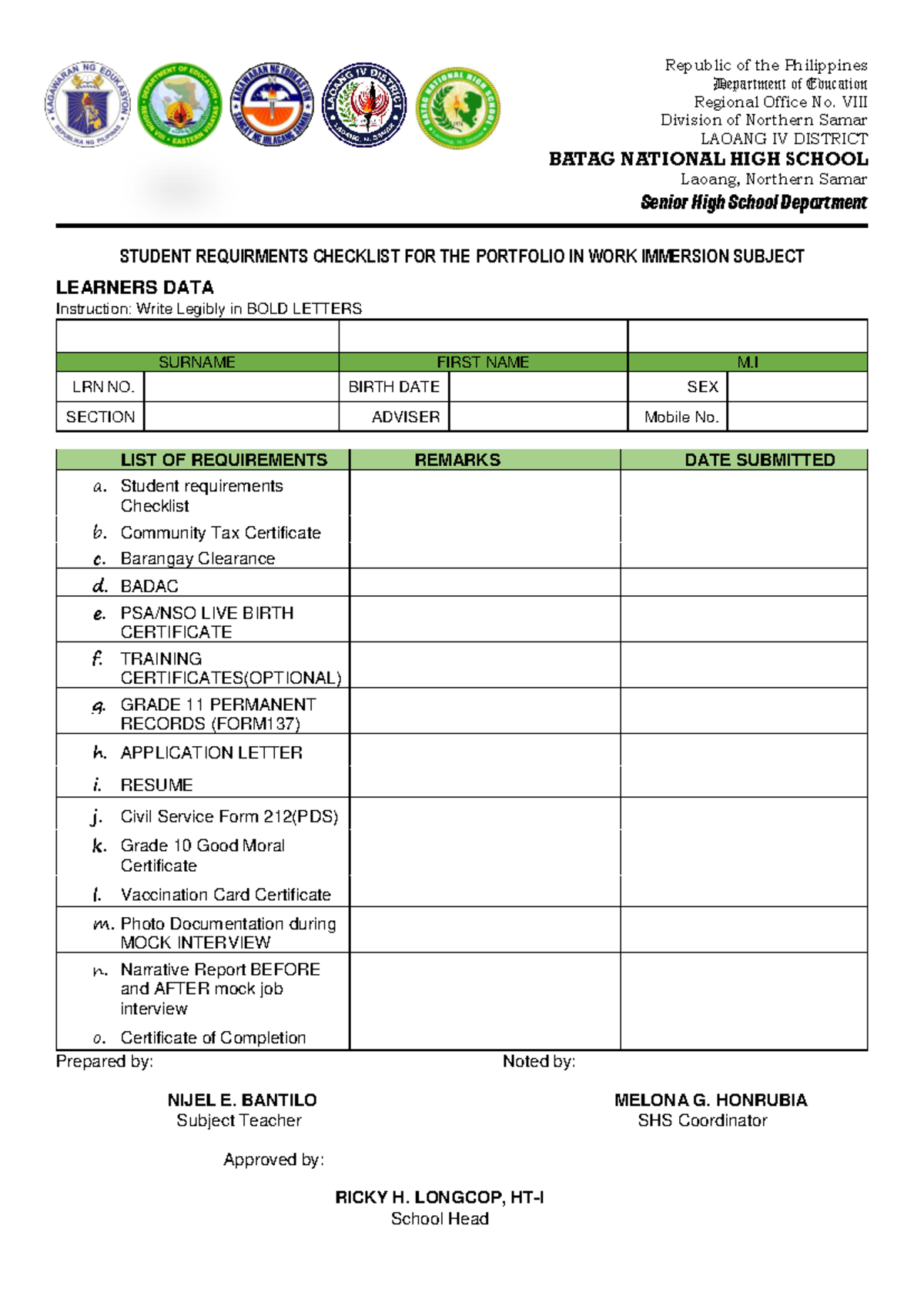 Student checklist - Republic of the Philippines Department of Education ...