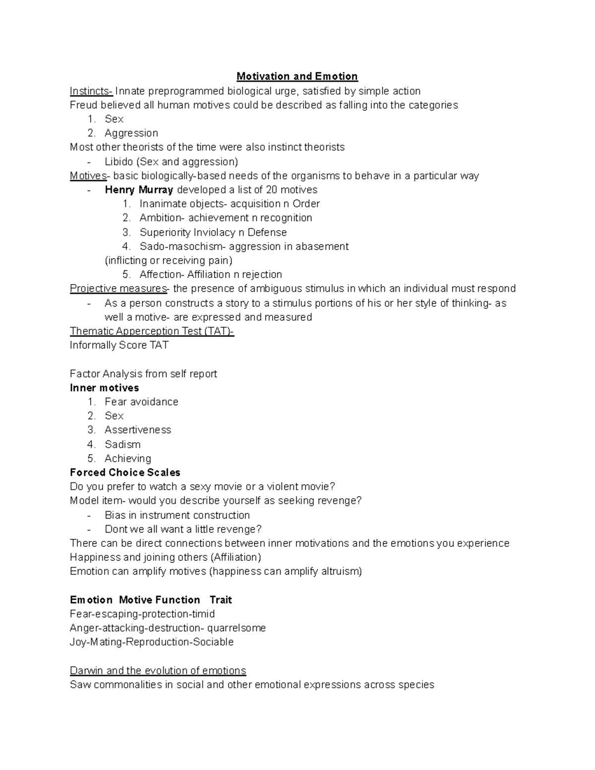 Chapter 4 Class Notes - Motivation and Emotion Instincts- Innate ...