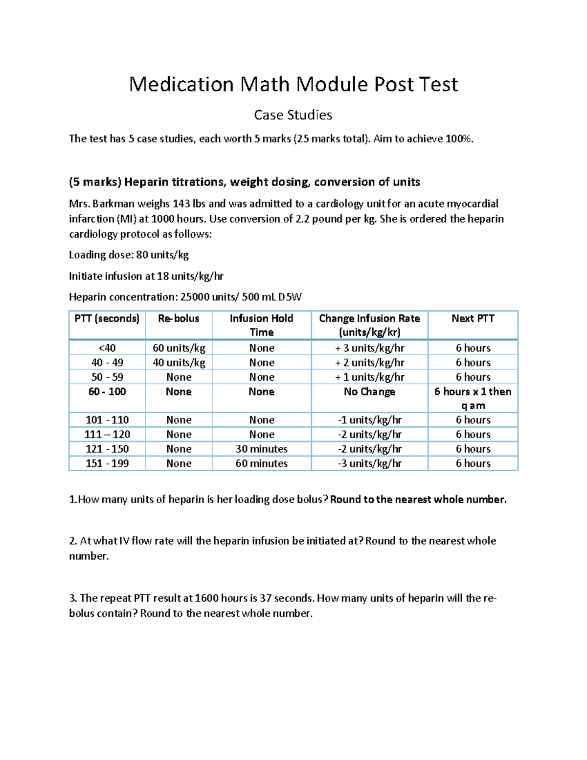 Posttest MEDICATION CALCULATION - Medication Math Module Post Test Case ...
