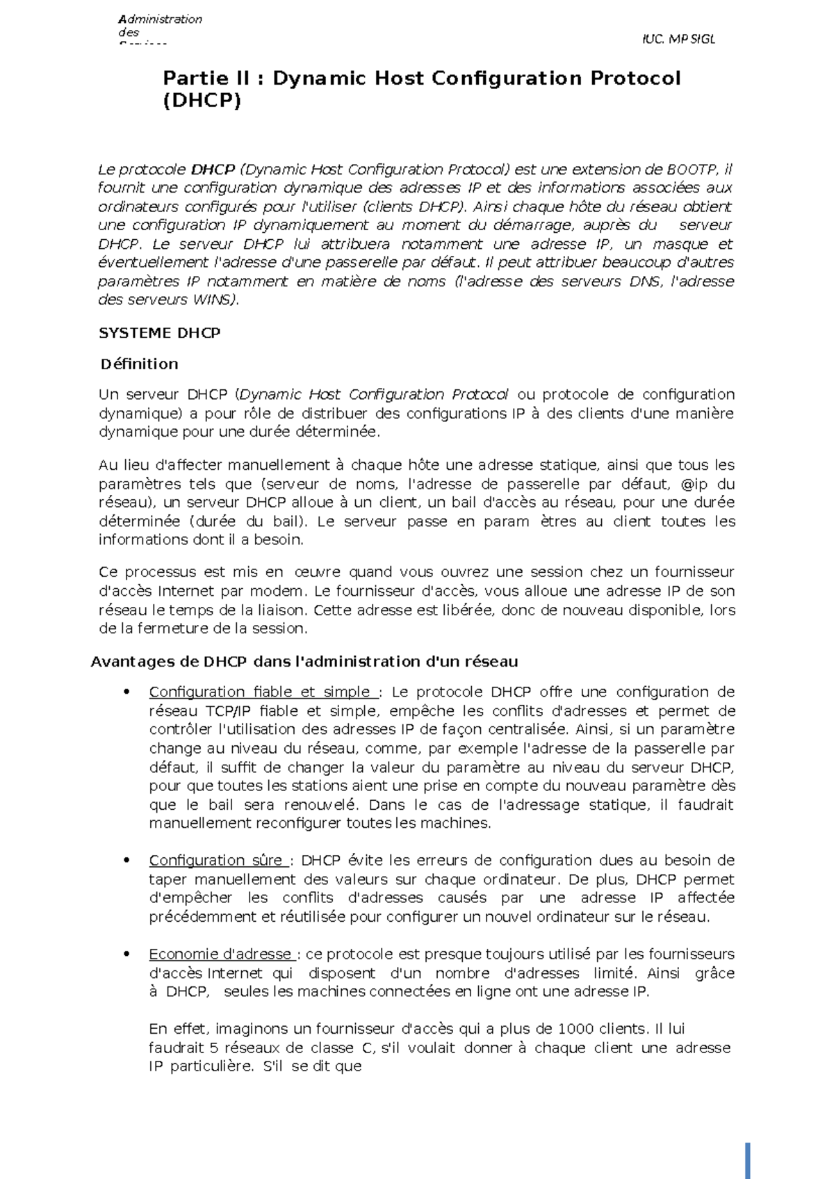 DHCP-2024 - Configuration DHCP - des Services IUC. MP SIGL Partie II : Dynamic Host ...