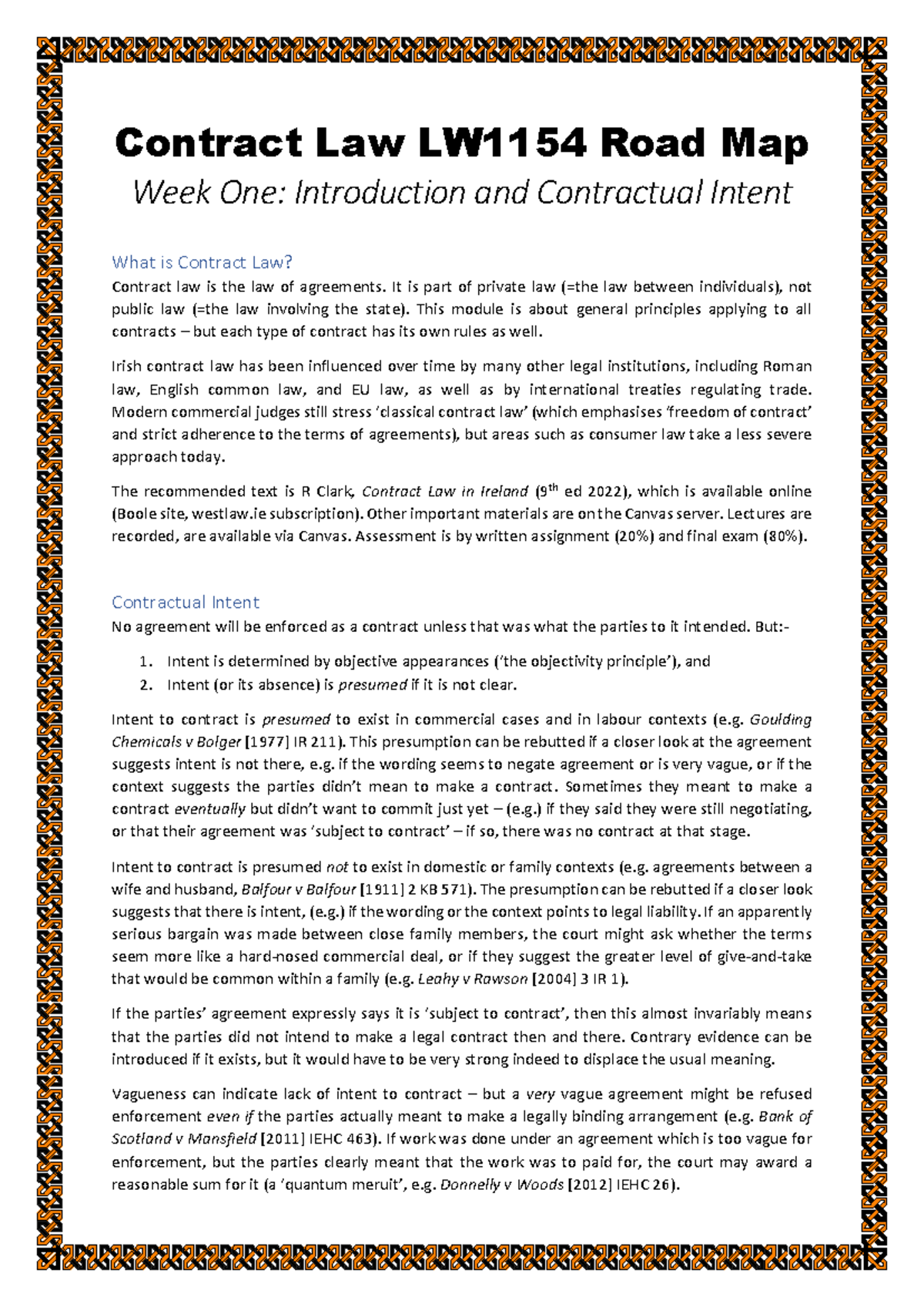 Roadmap 1 - summary of content - Contract Law LW1154 Road Map Week One ...