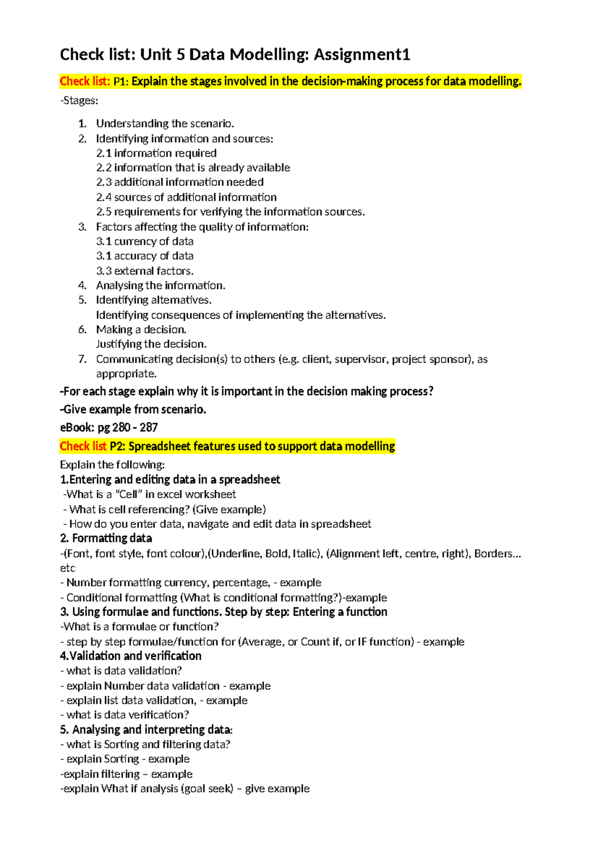 Check list -Assignment 1 P1 P2 M1 D1 - Check list: Unit 5 Data ...