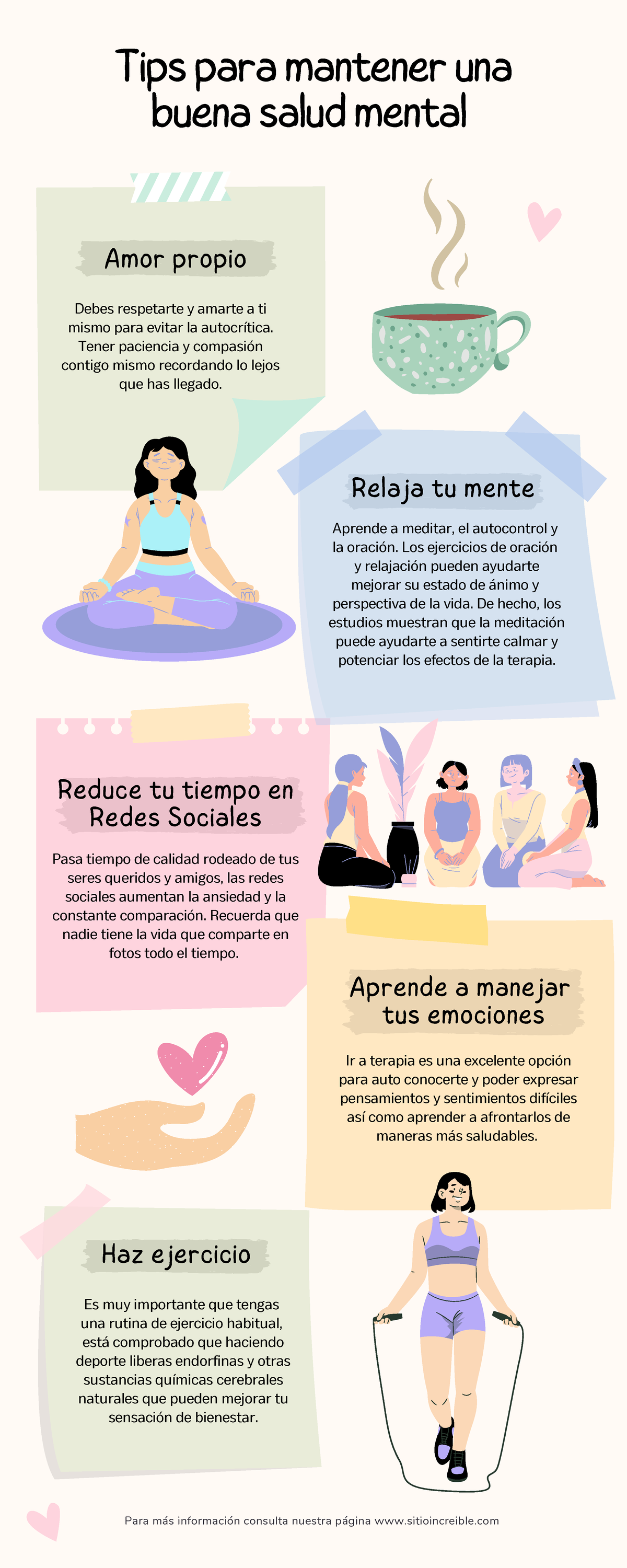 Infografía tips salud mental ilustrado cute colores pastel - Tips para mantener una buena salud ...