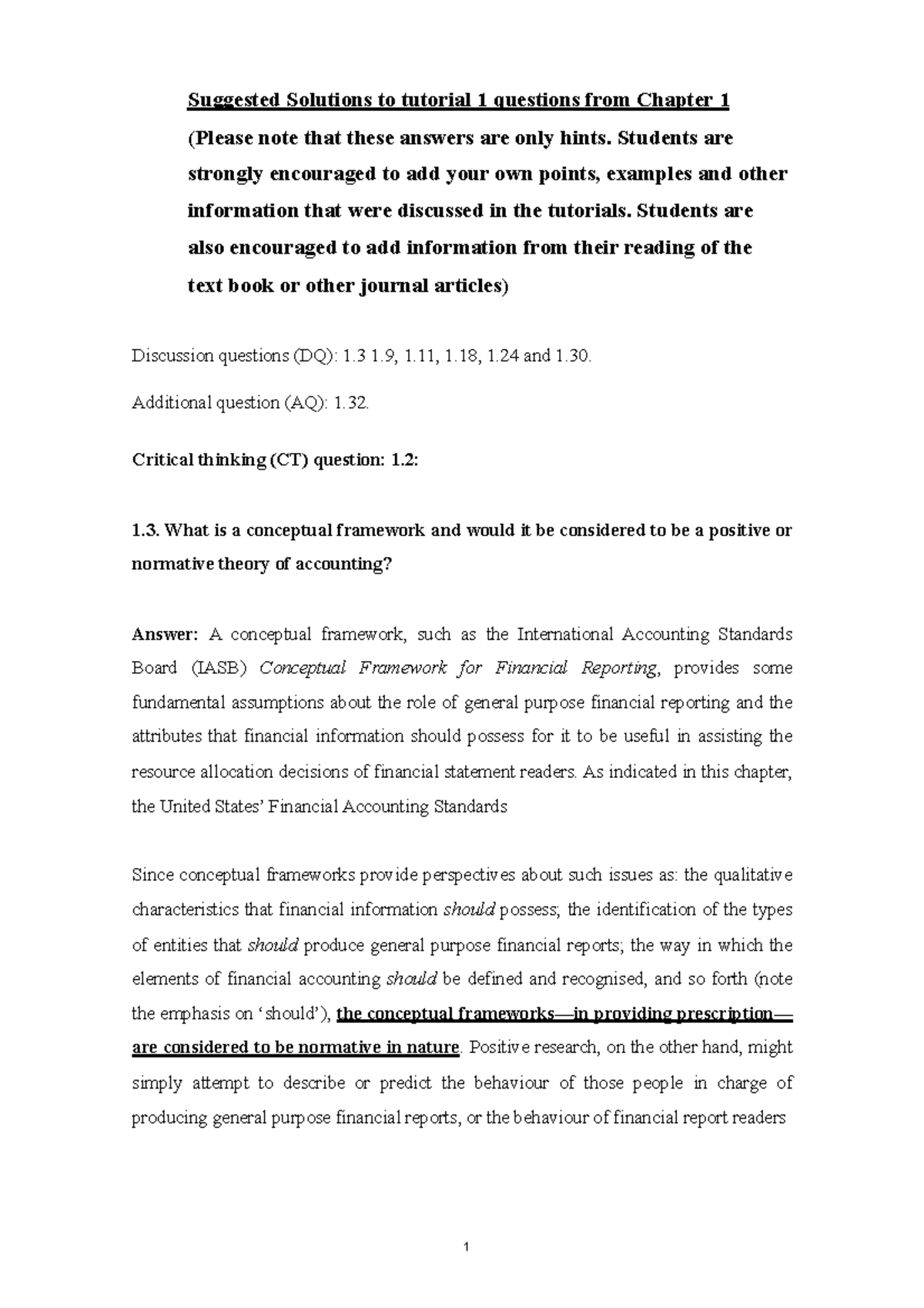 Week 1 tutorial solutions, chapter 1 - Suggested Solutions to tutorial ...