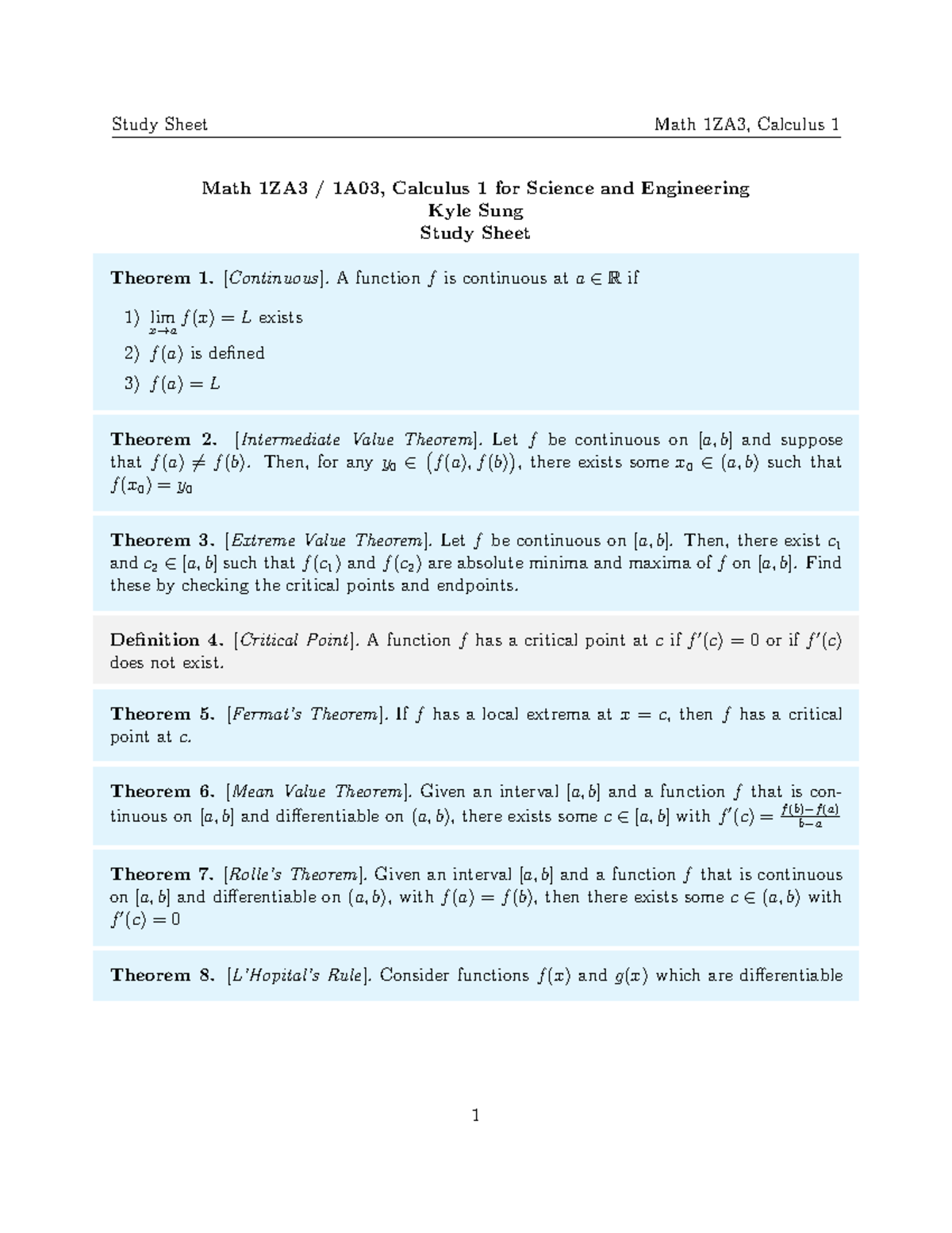 Math 1ZA3 (Fall 2024) - Study Sheet (Oct 12) - Math 1ZA3 / 1A03 ...