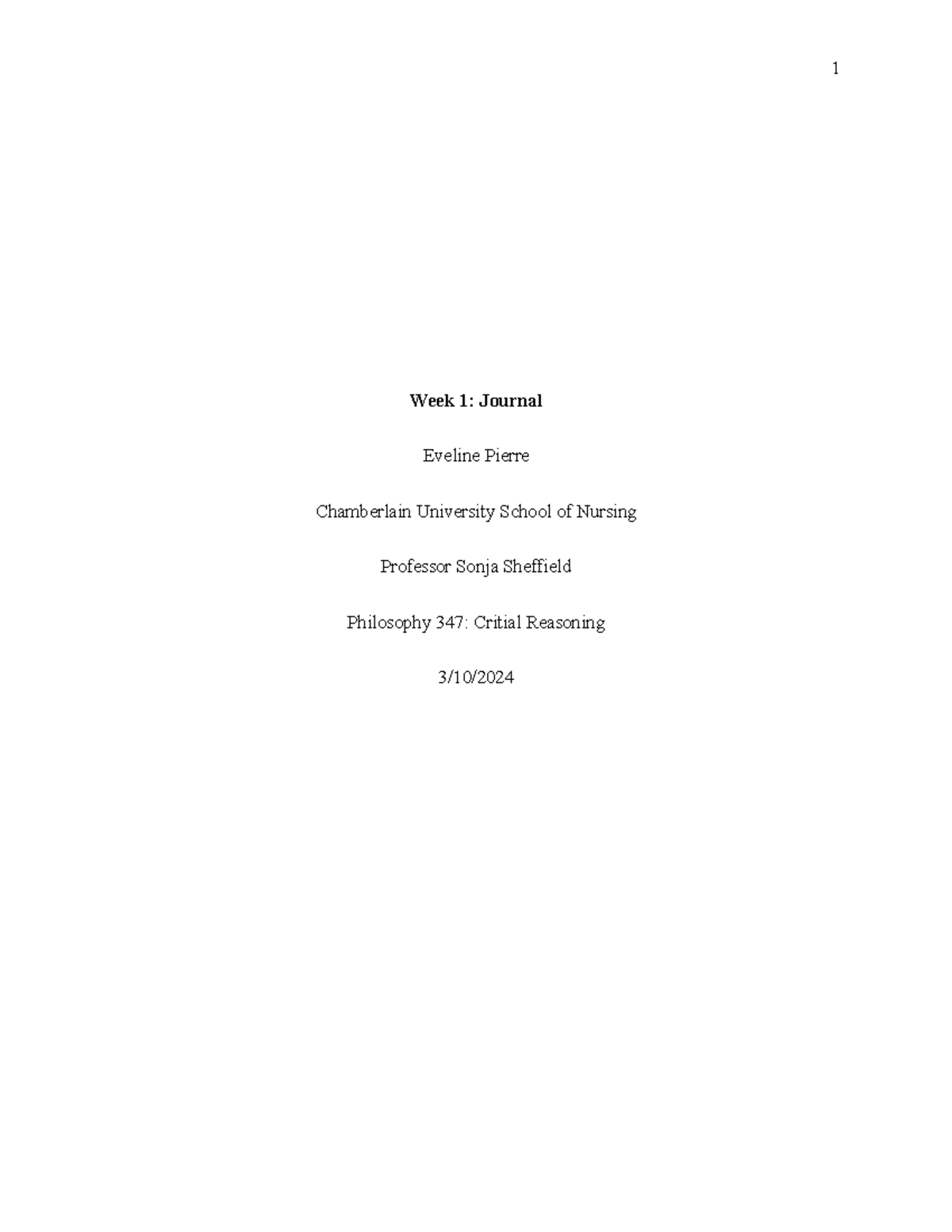 Week 1 Journal - Week 1: Journal Eveline Pierre Chamberlain University ...
