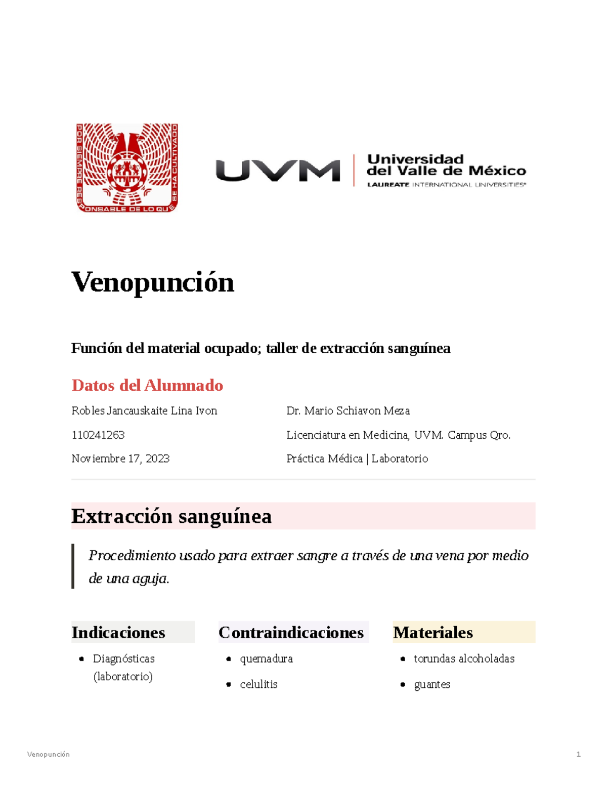 LIRJ - Resumen venopunción - Venopunción 1 Venopunción Función del ...