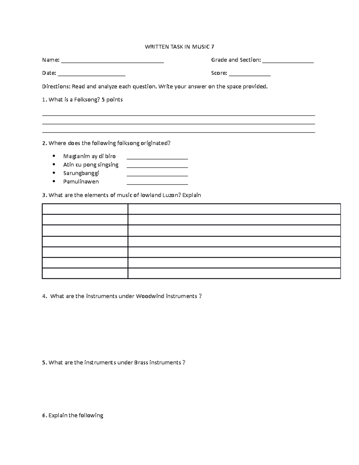 Written TASK IN Music 7 - WRITTEN TASK IN MUSIC 7 Name ...