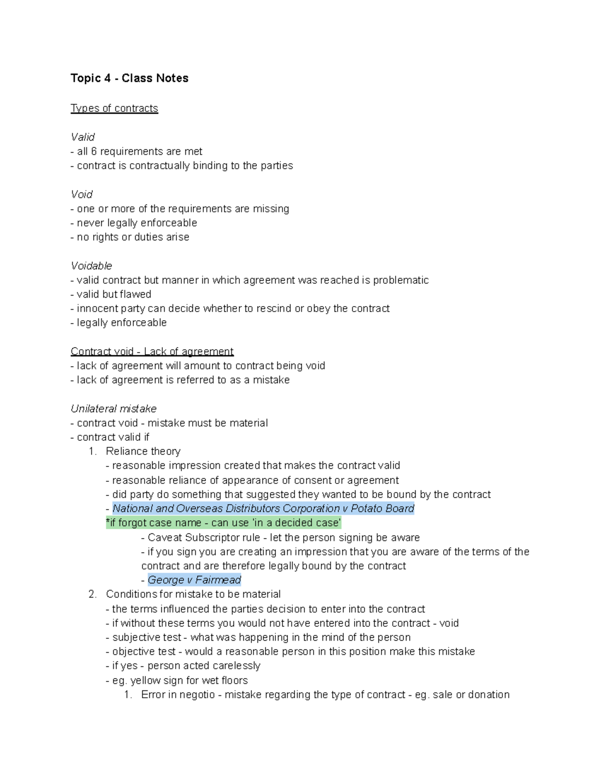 Topic 4 - Class Notes (CL) - Topic 4 - Class Notes Types of contracts ...