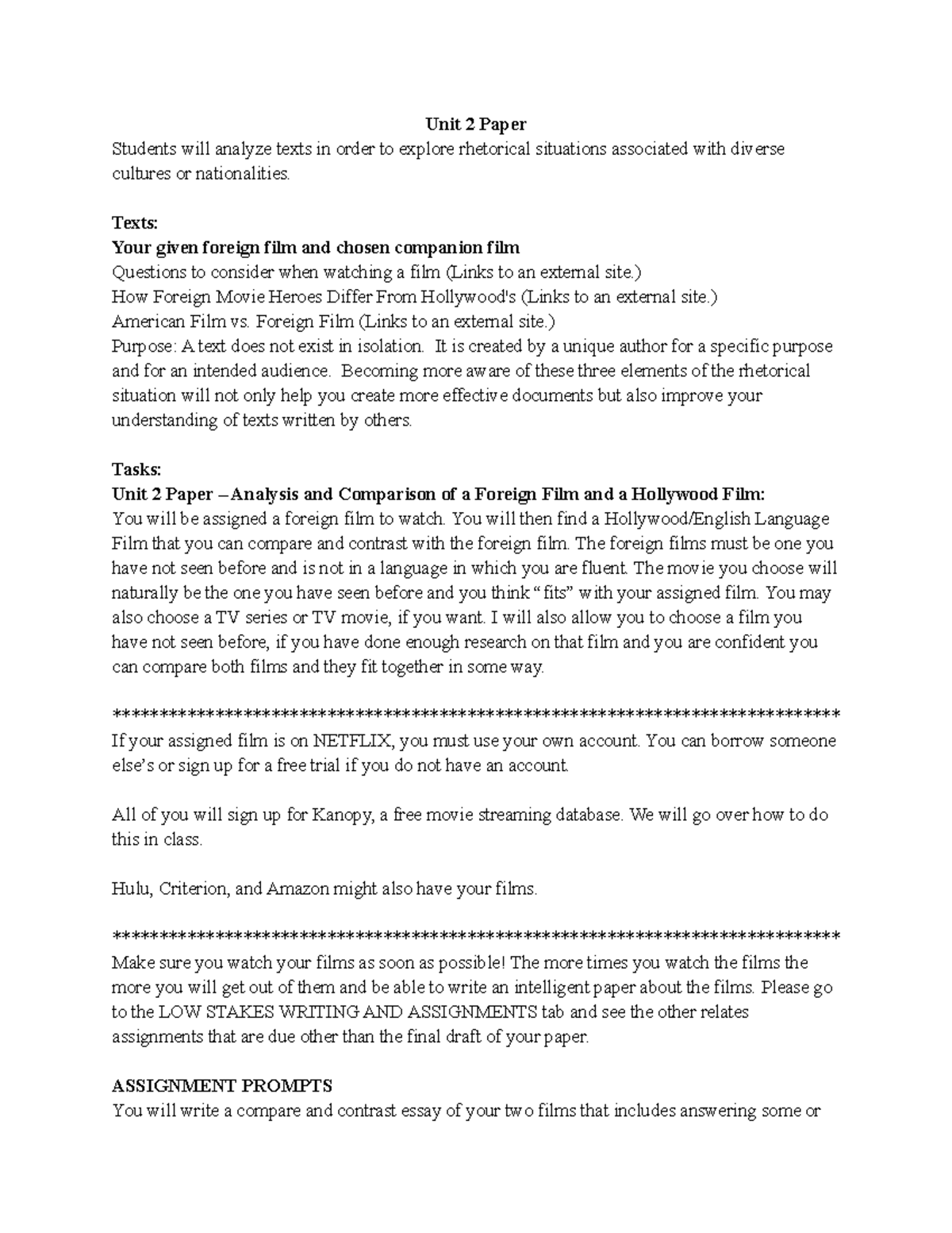 Film Analysis Paper - Unit 2 Paper Students will analyze texts in order ...