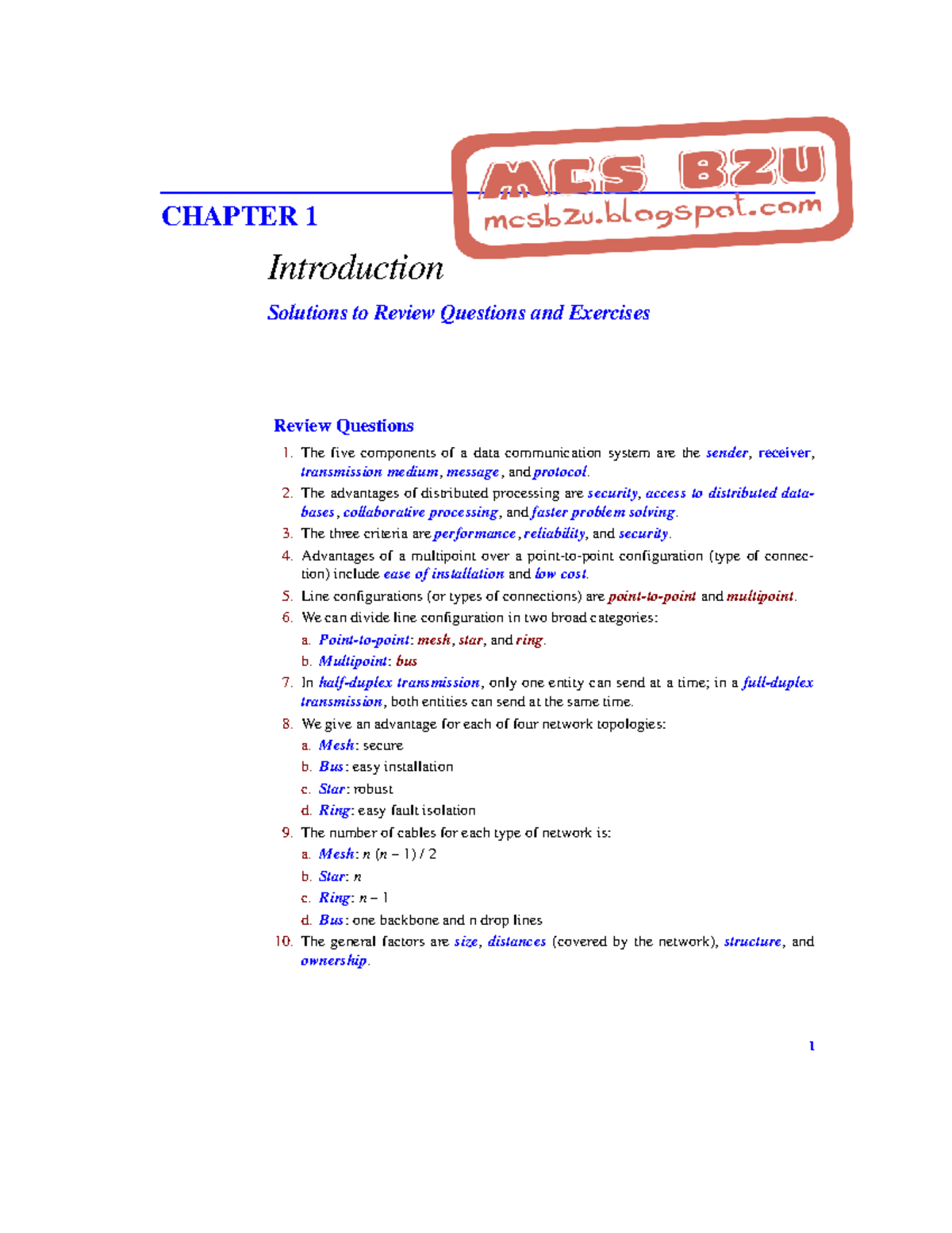 Solution Manual for Data Communications - 1 CHAPTER 1 Introduction ...
