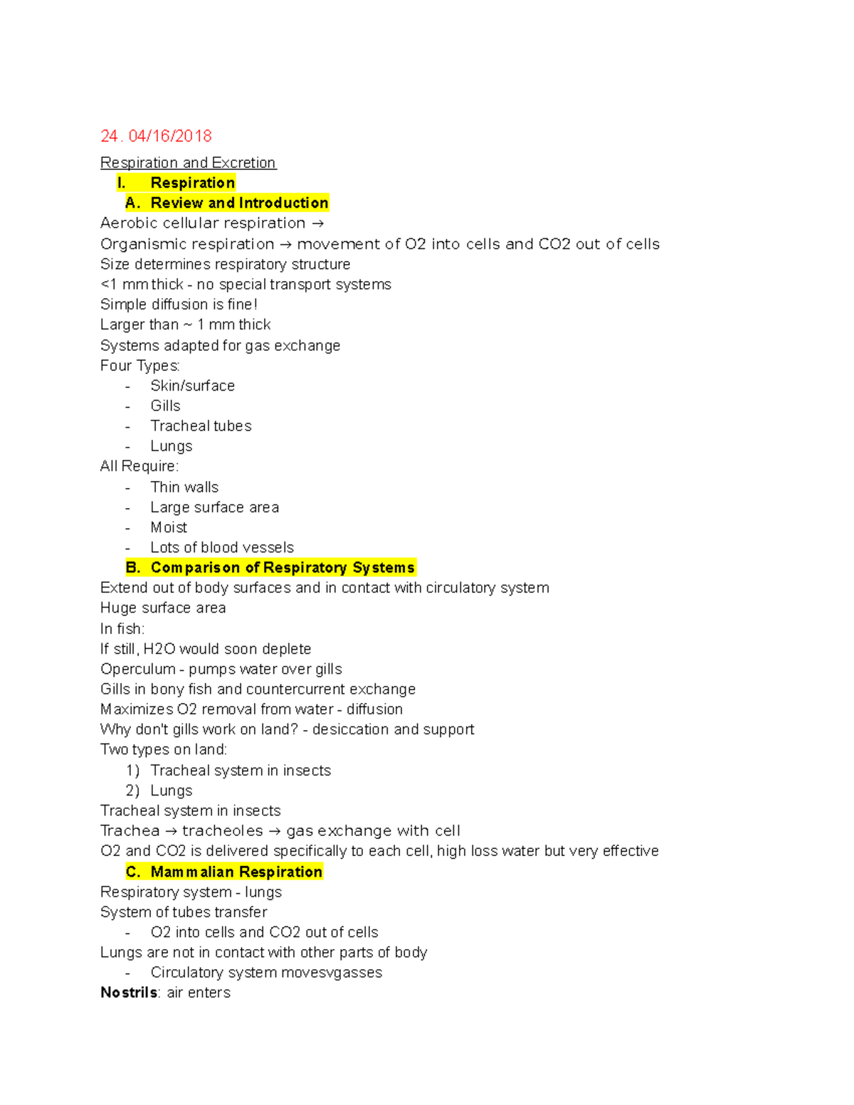 Gen bio 2 notes 24 - 24. 04/16/ Respiration and Excretion I ...