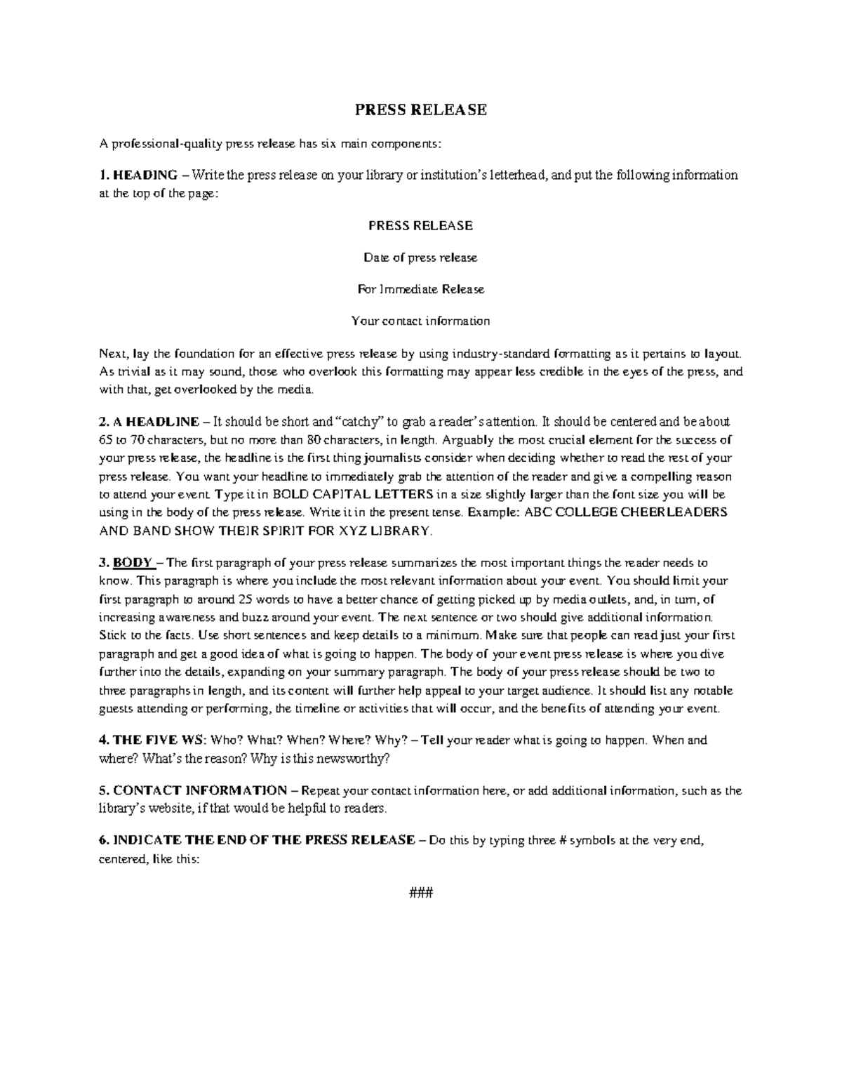 Press Release - Notes - PRESS RELEASE A professional-quality press ...