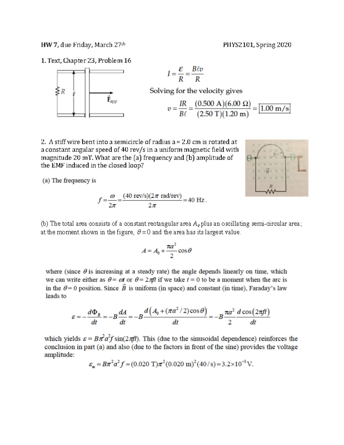 HW7 - Solutions - HW 7, due Friday, March 27 th PHYS2101, Spring Text ...