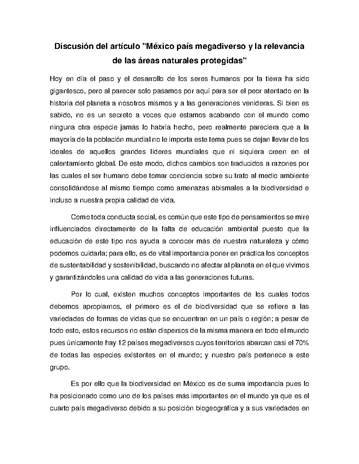 Discusión de artículo - Discusión del artículo "México país megadiverso ...