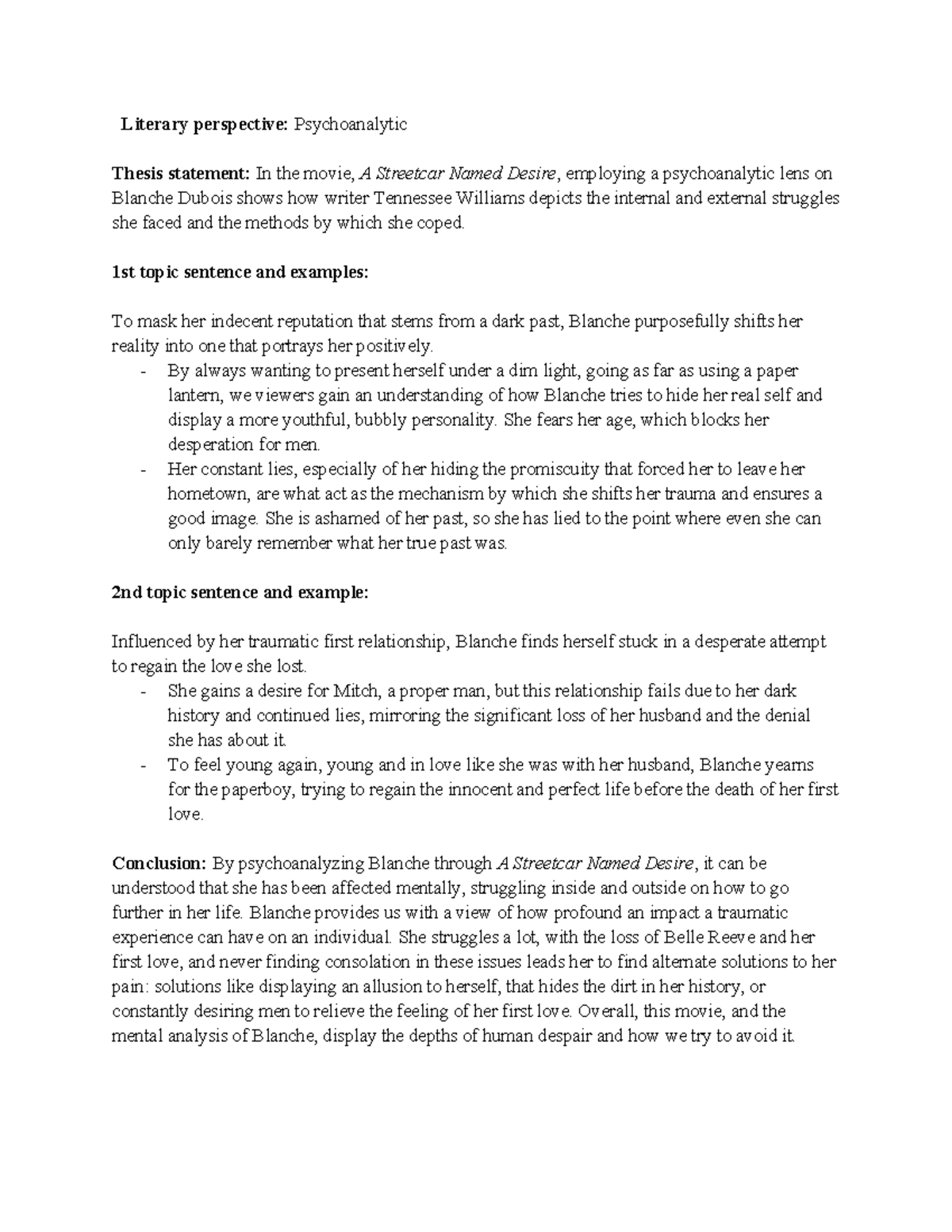 Streetcar Named Desire Outline - SW - Literary perspective ...
