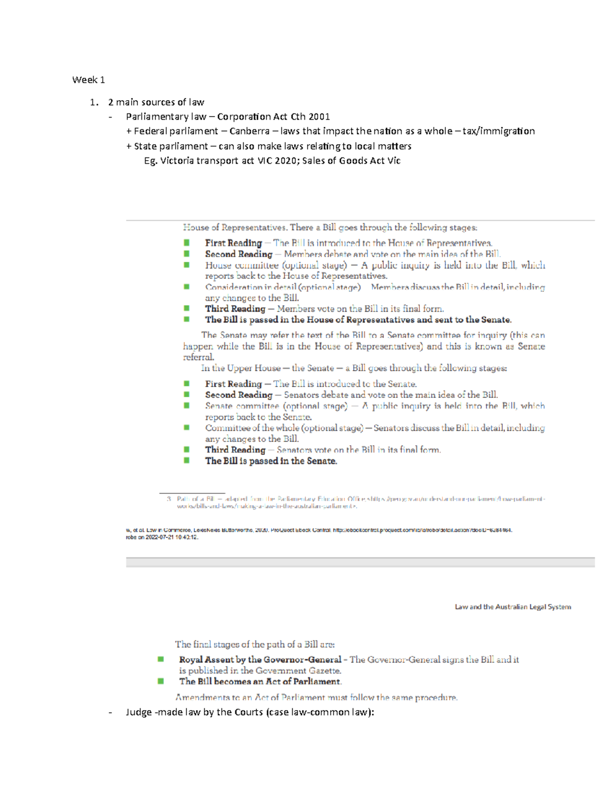 Week 1 Tutorial prep - Week 1 2 main sources of law Parliamentary law ...