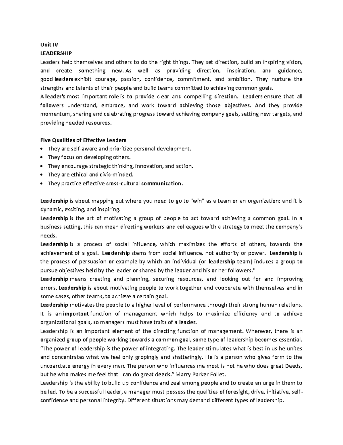 UNIT 4 - NOTES - Unit IV LEADERSHIP Leaders help themselves and others ...