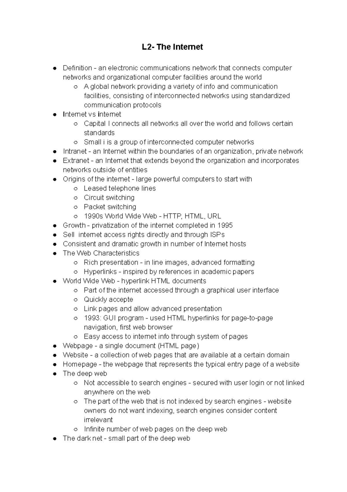 L2 - The Internet - Lecture notes 2 - The Internet Definition an ...