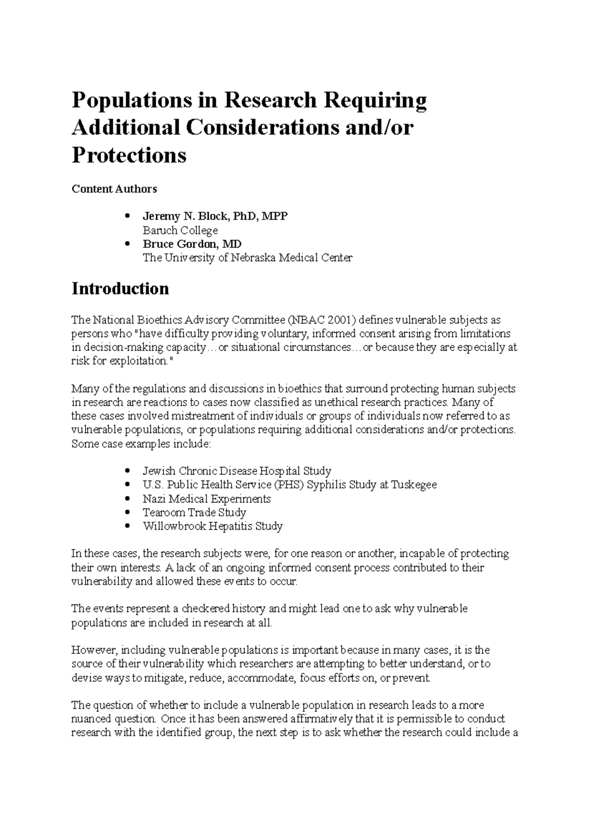 Ethics Populations in Research Requiring Additional Considerations and - Populations in Research ...