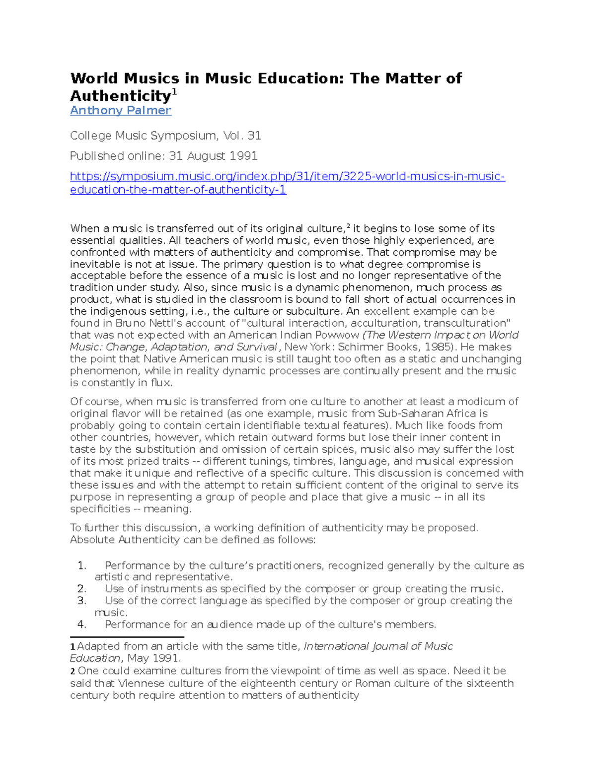 MUSC 211 Palmer World Musics in Music Education - World Musics in Music ...