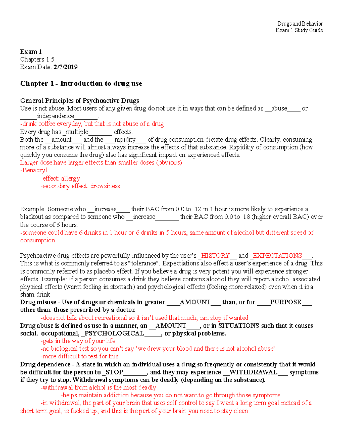 Study Guide Exam 1 Spring 2019 - Drugs and Behavior Exam 1 Study Guide ...