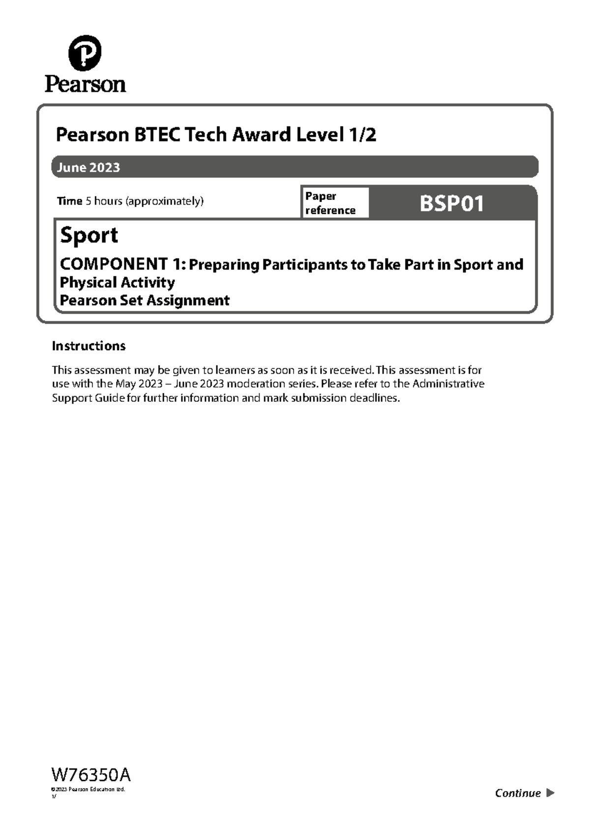 Component 1 - Pearson BTEC Tech Award Level 1/ June 2023 Time 5 hours ...