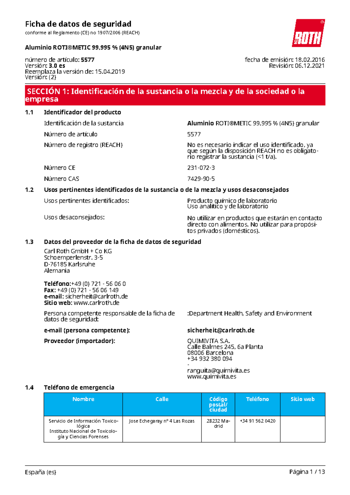 Hojas DE S Eguridad DEL Aluminio - SECCIÓN 1: Identificación de la ...