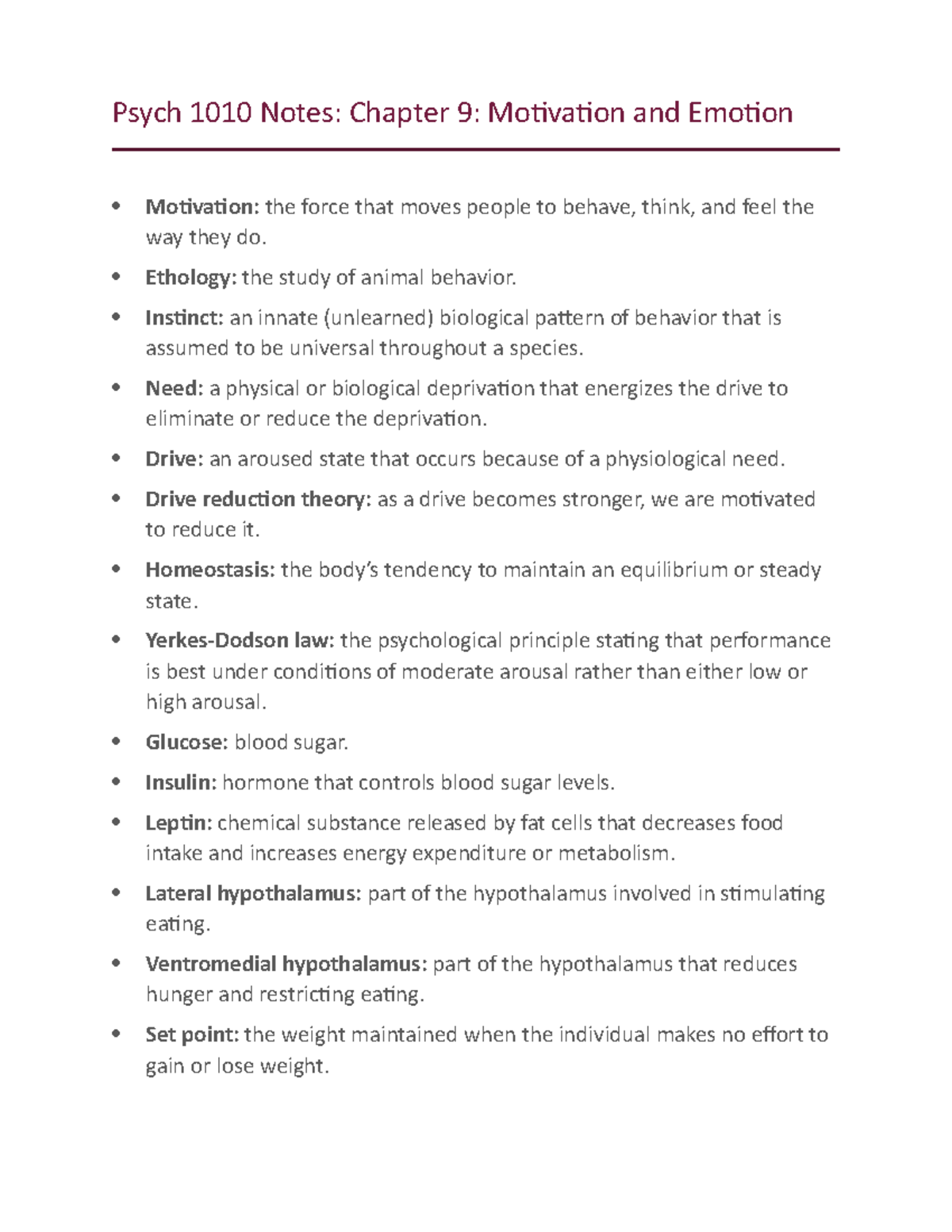Psych 1010 Notes Chapter 9 Motivation and Emotion - Psych 1010 Notes ...