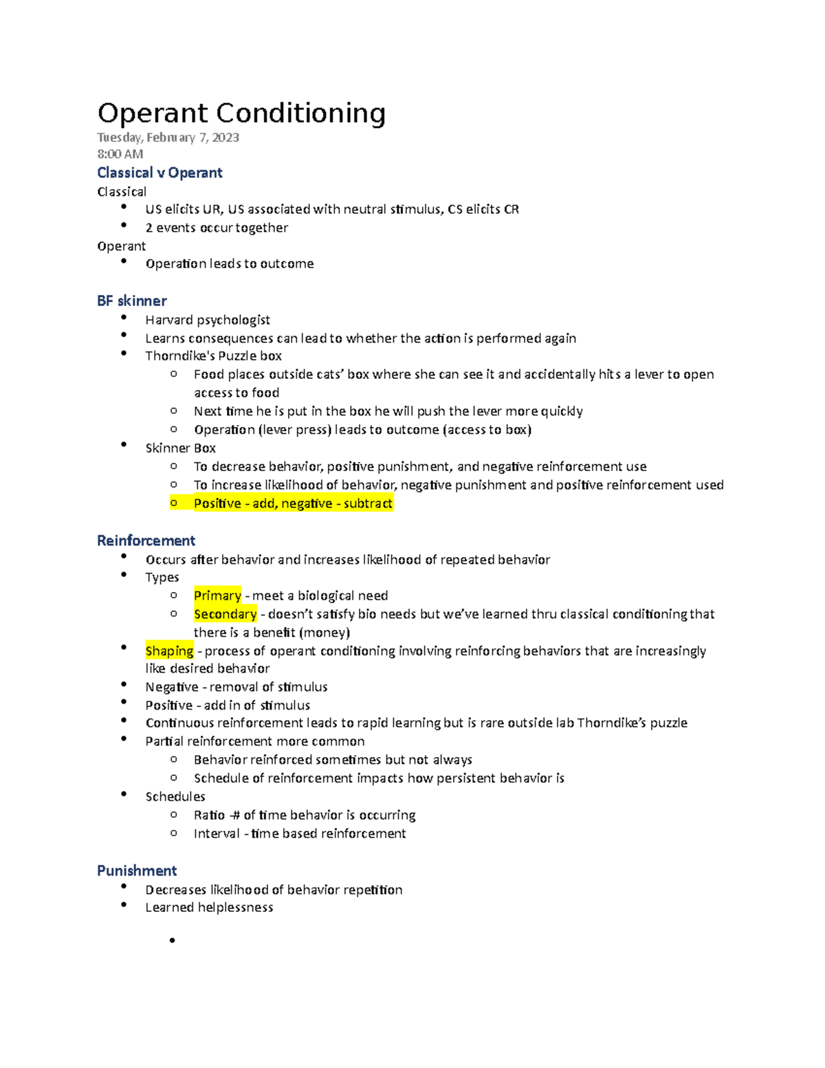 Operant Conditioning Notes Operant Conditioning Tuesday February 7 2023 800 Am Classical V 