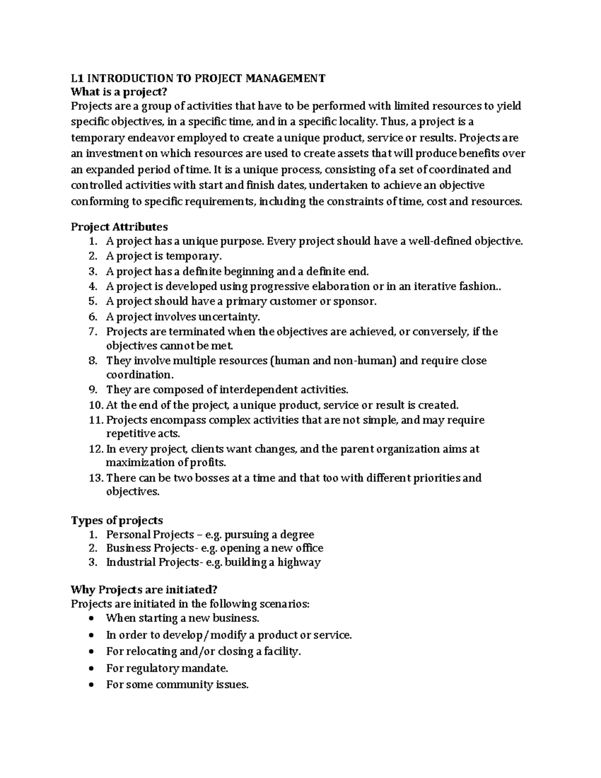 L1 PM Introduction TO PM - L1 INTRODUCTION TO PROJECT MANAGEMENT What ...