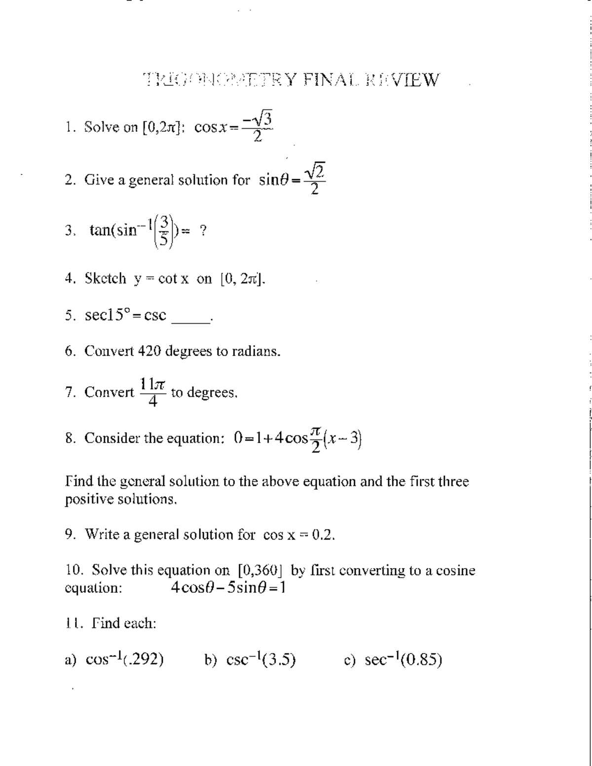Trig Final Exam Review Form Z with solutions - TRIGONOMETRY FINAL ...