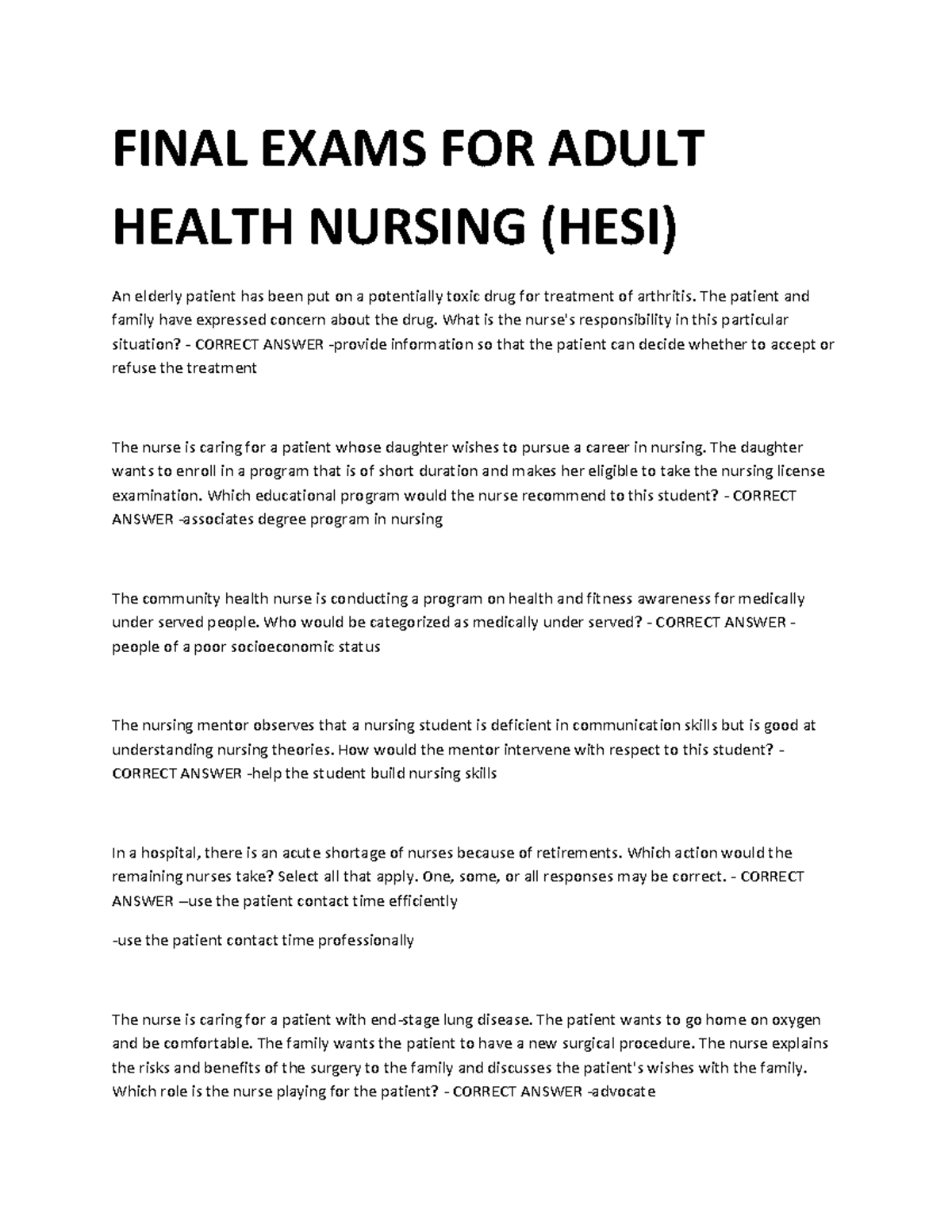 Final Exams FOR Adult Health Nursing - FINAL EXAMS FOR ADULT HEALTH ...