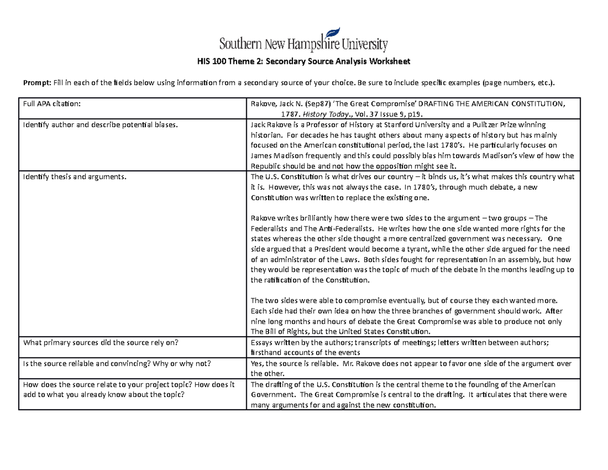 Secondary Source Analysis Worksheet - Be sure to include specific ...