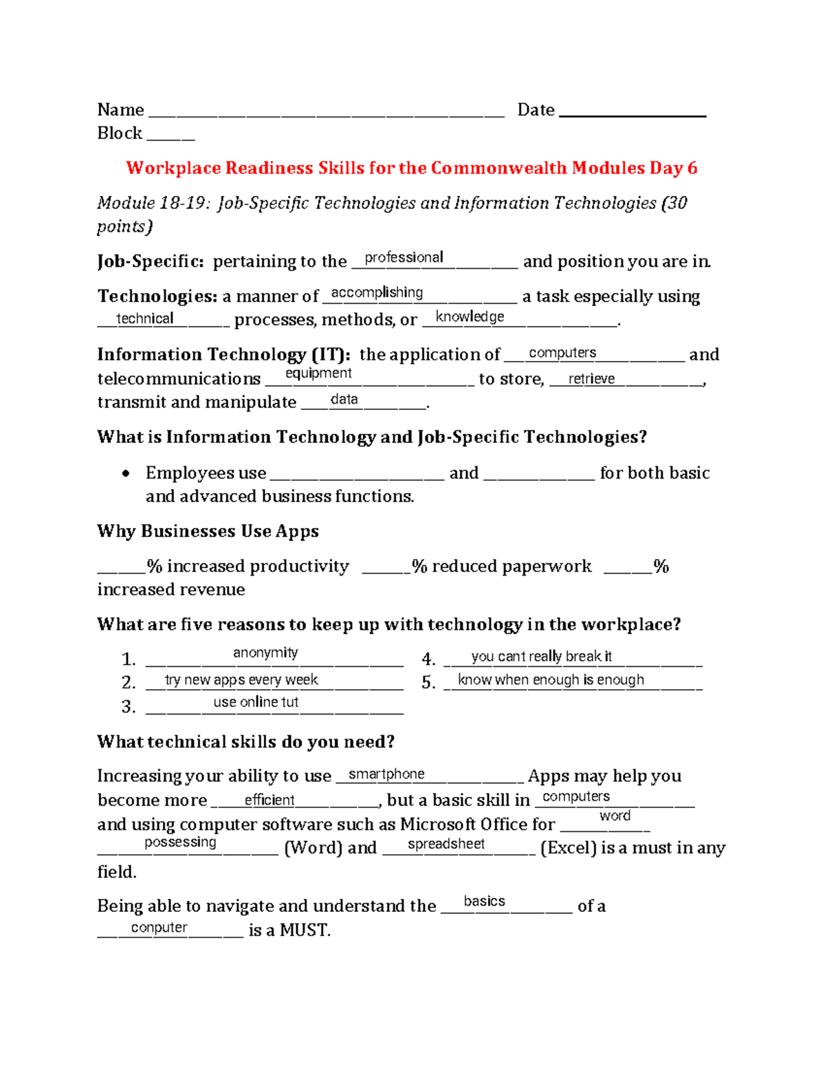 Kami Export - Workplace Readiness Skills Modules 18- 21 Worksheet Day 6 ...