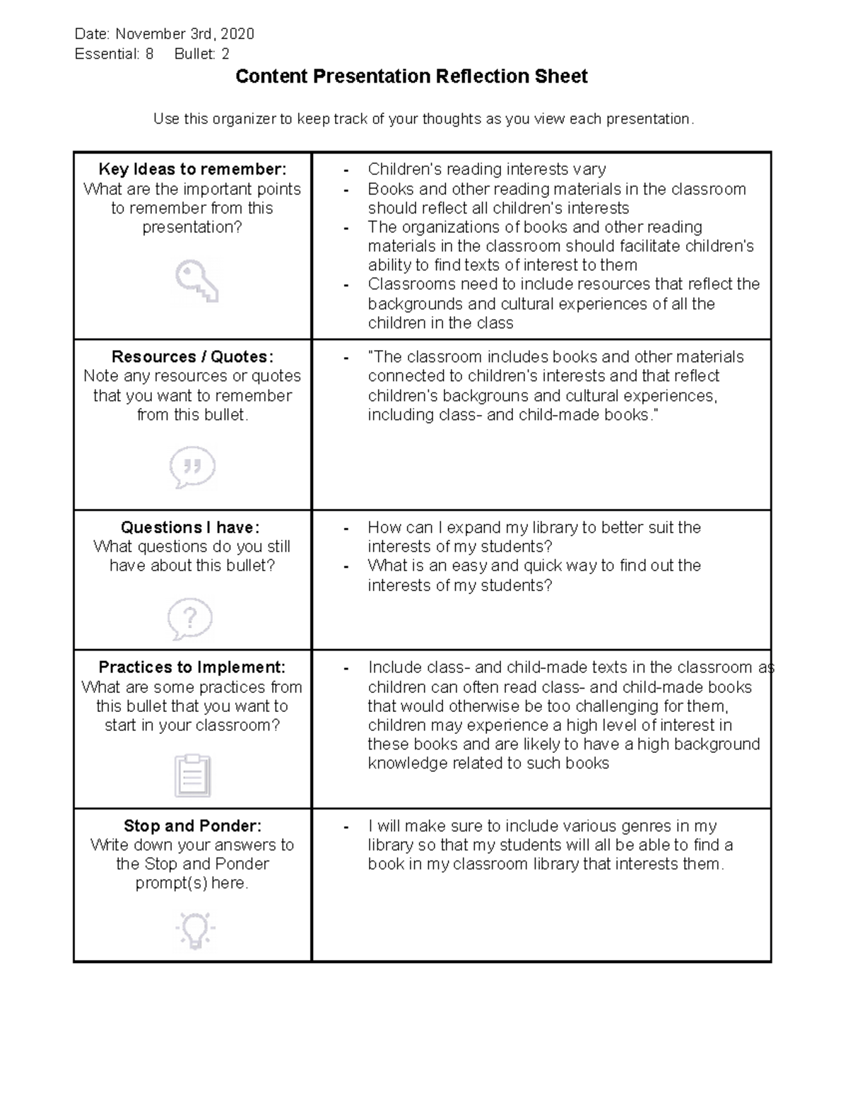 Content Presentation Reflection Sheet and Classroom Video Reflection ...
