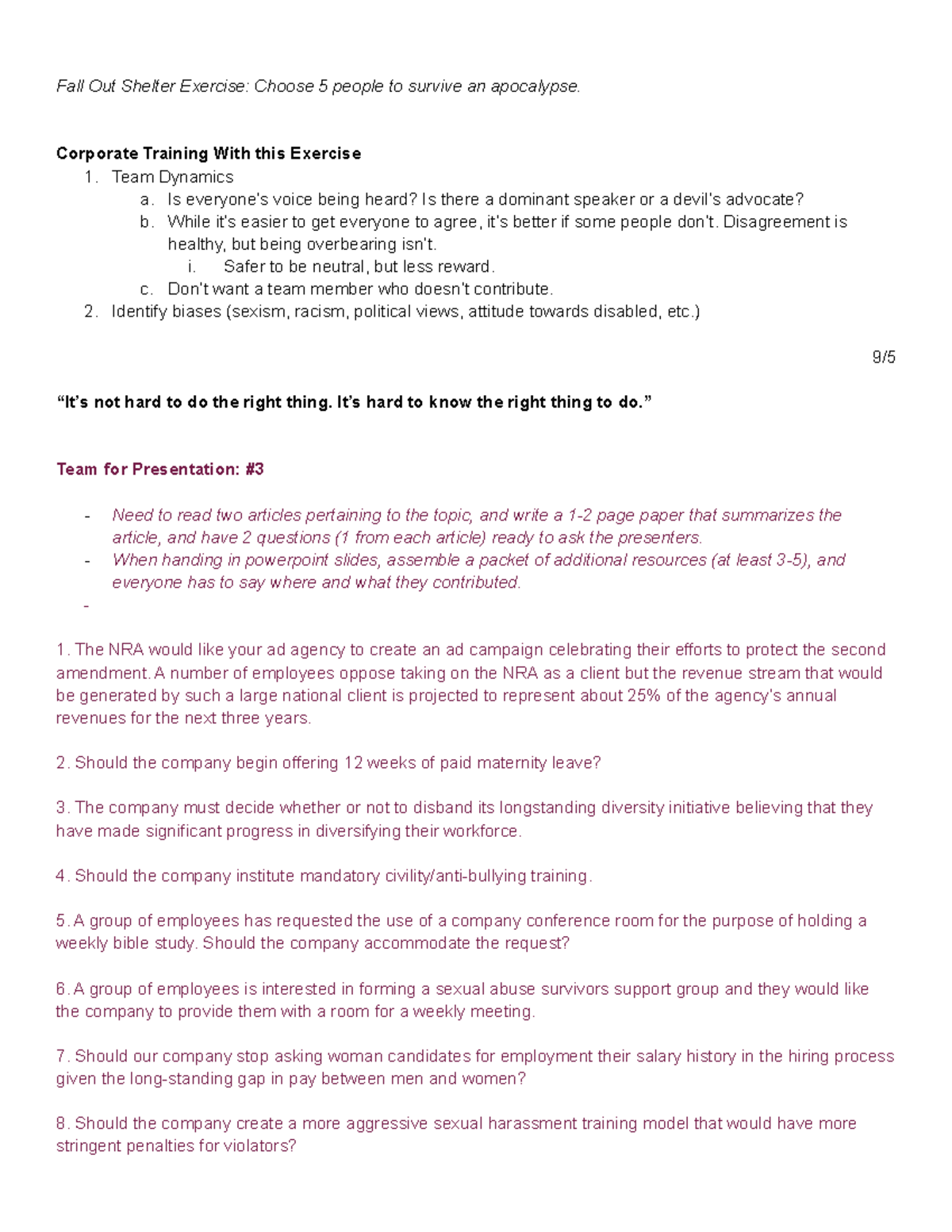 September - Lecture notes 1-8 - Fall Out Shelter Exercise: Choose 5 ...