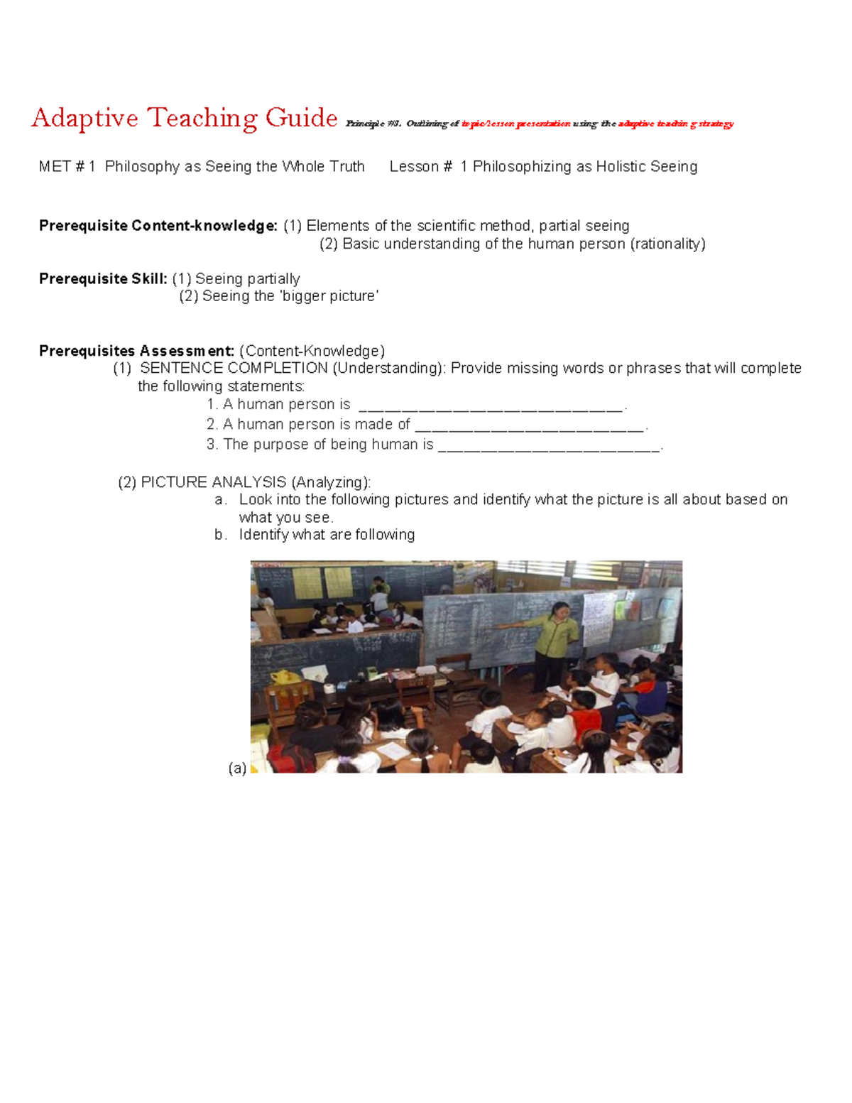 2 Adaptive Teaching Guides - Outlining of topic/lesson presentation ...