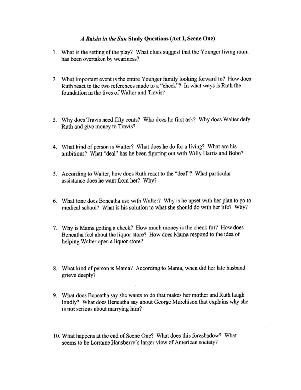 Act 1 Questions - A Raisin in the Sun Study Questions (Act I, Scene One ...
