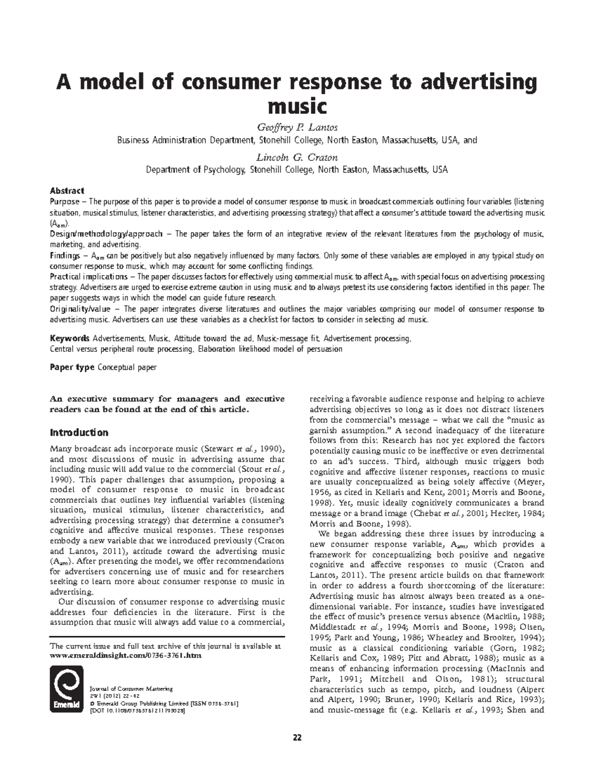 A model of consumer response to advertising - A model of consumer ...