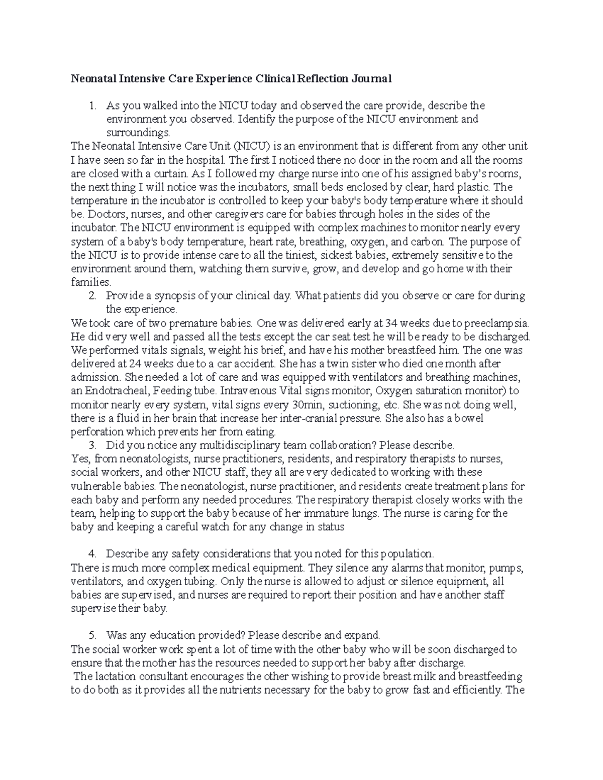 Neonatal Intensive Care Experience Clinical Reflection Journal ...