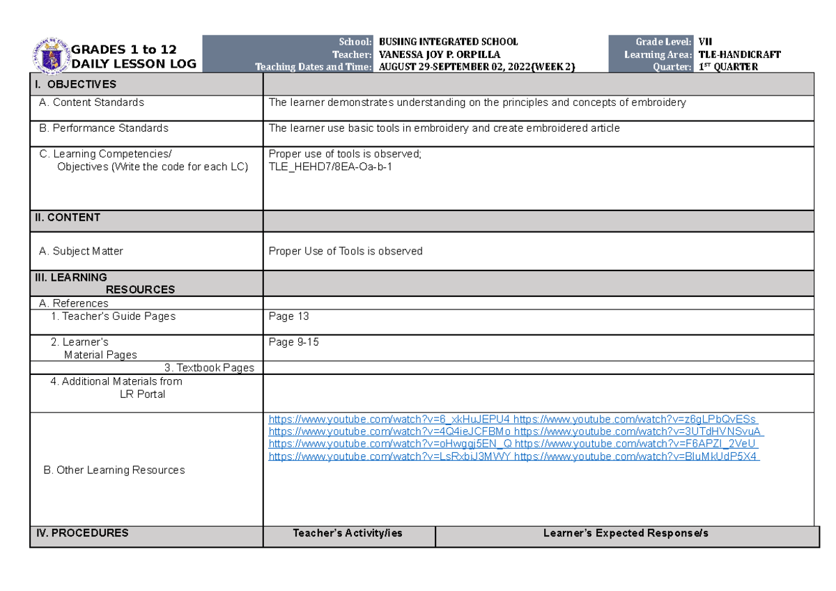 DLL TLE 7 W2 - Take note - GRADES 1 to 12 DAILY LESSON LOG School ...