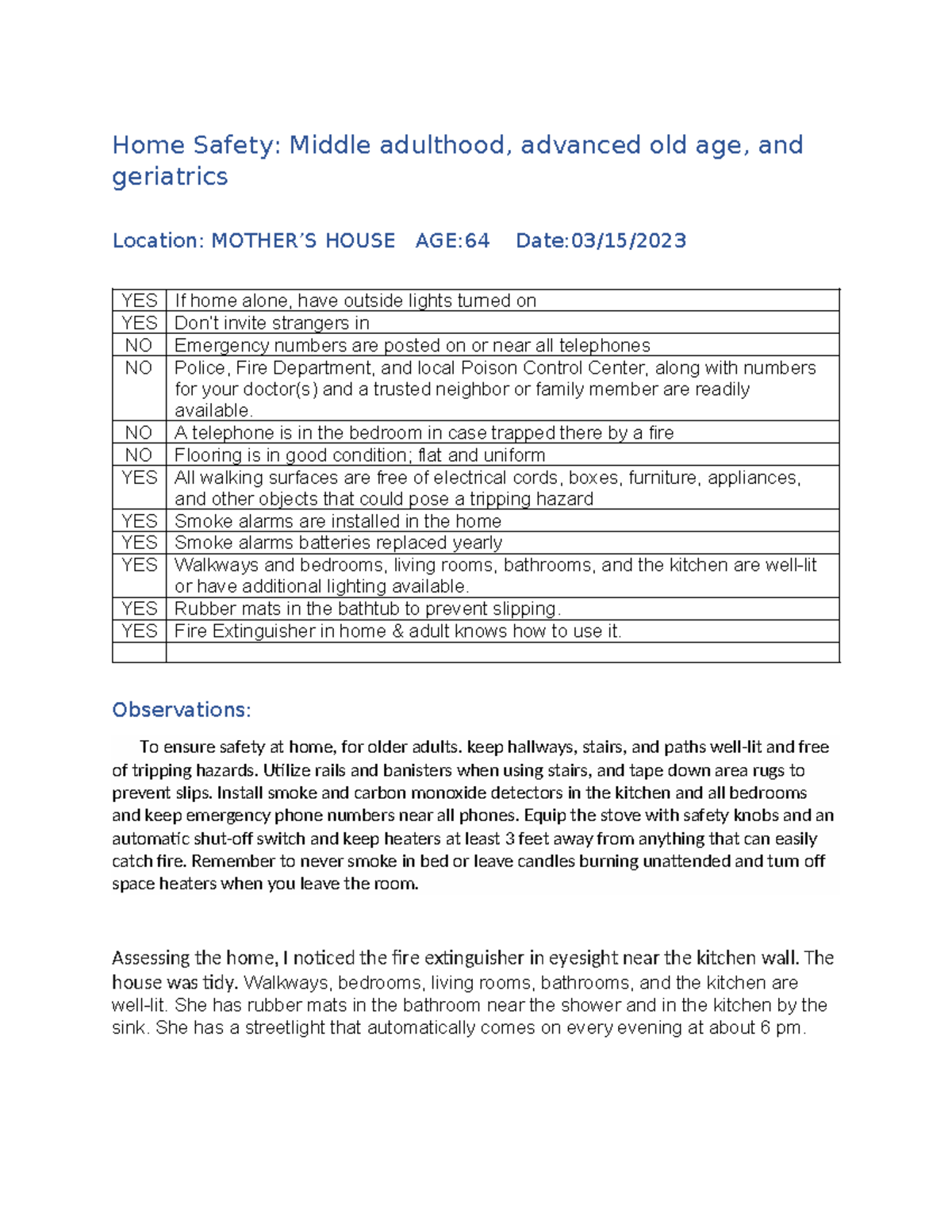 Unit 6- Home Safety - Middle adulthood, advanced old age, and ...