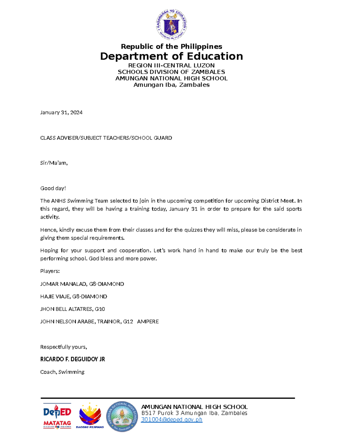 Excuse letter - v vfcg b n - AMUNGAN NATIONAL HIGH SCHOOL B517 Purok 3 ...