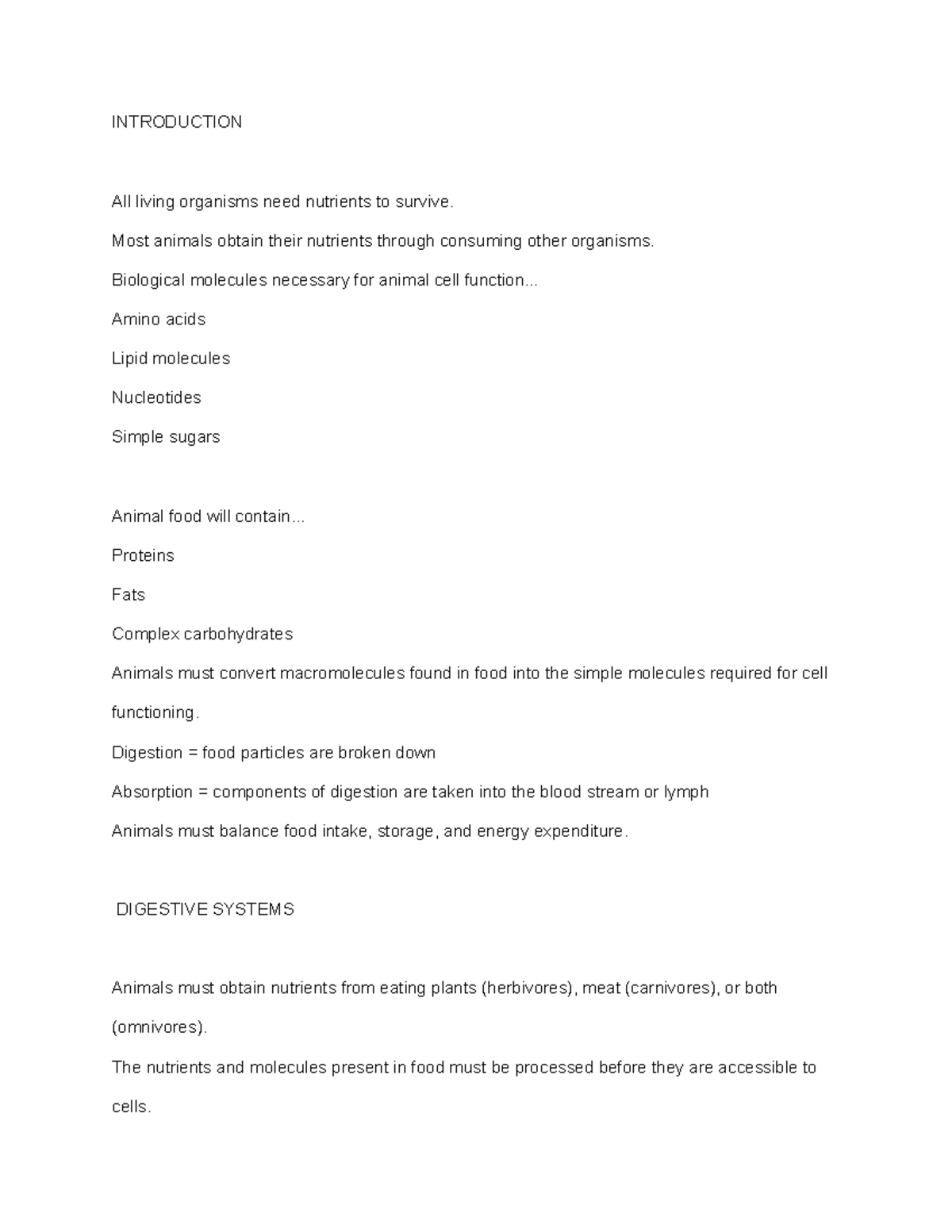 Animal Digestive System Part 1 - INTRODUCTION All living organisms need ...