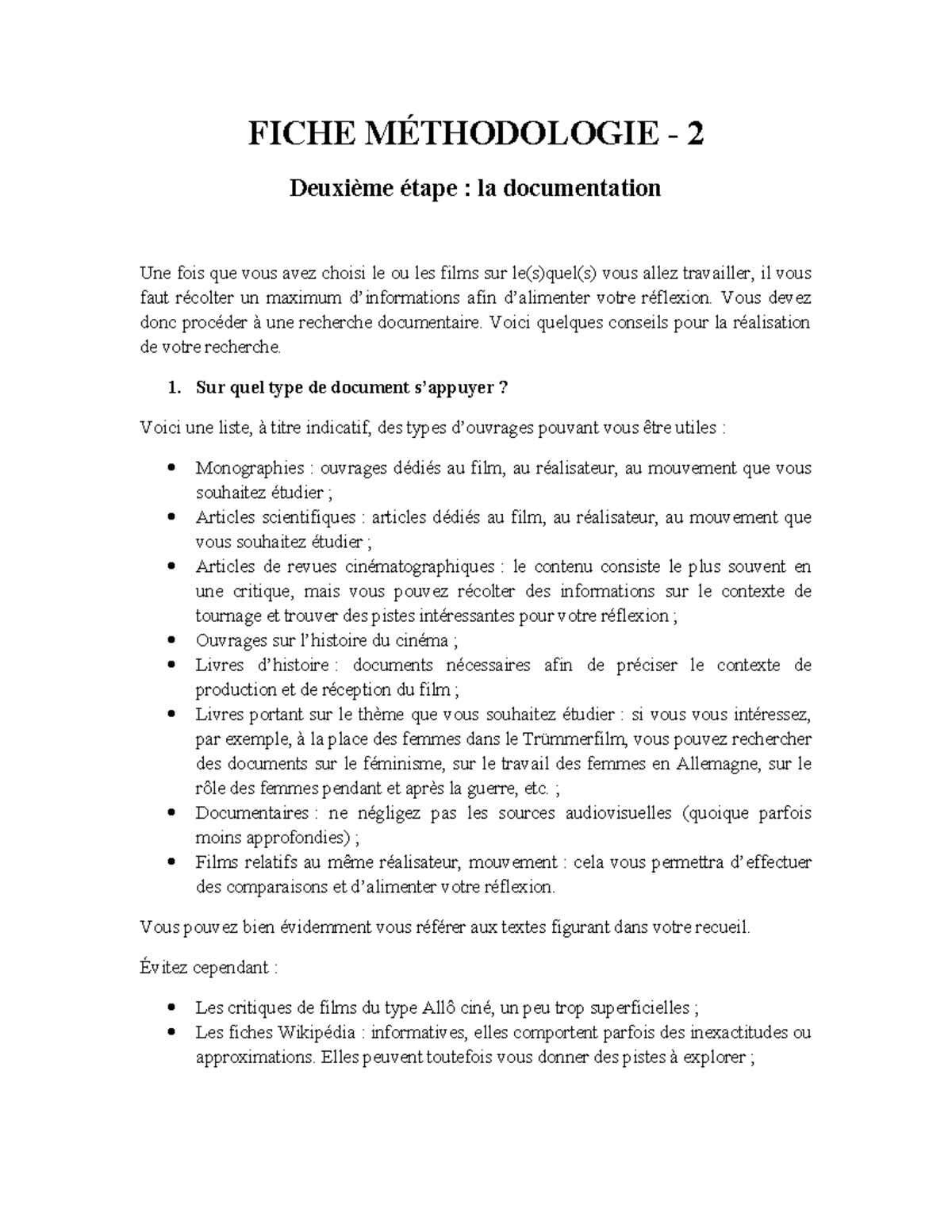 Fiche méthodologie - 2 - FICHE MÉTHODOLOGIE - 2 Deuxième étape : la documentation Une fois que ...